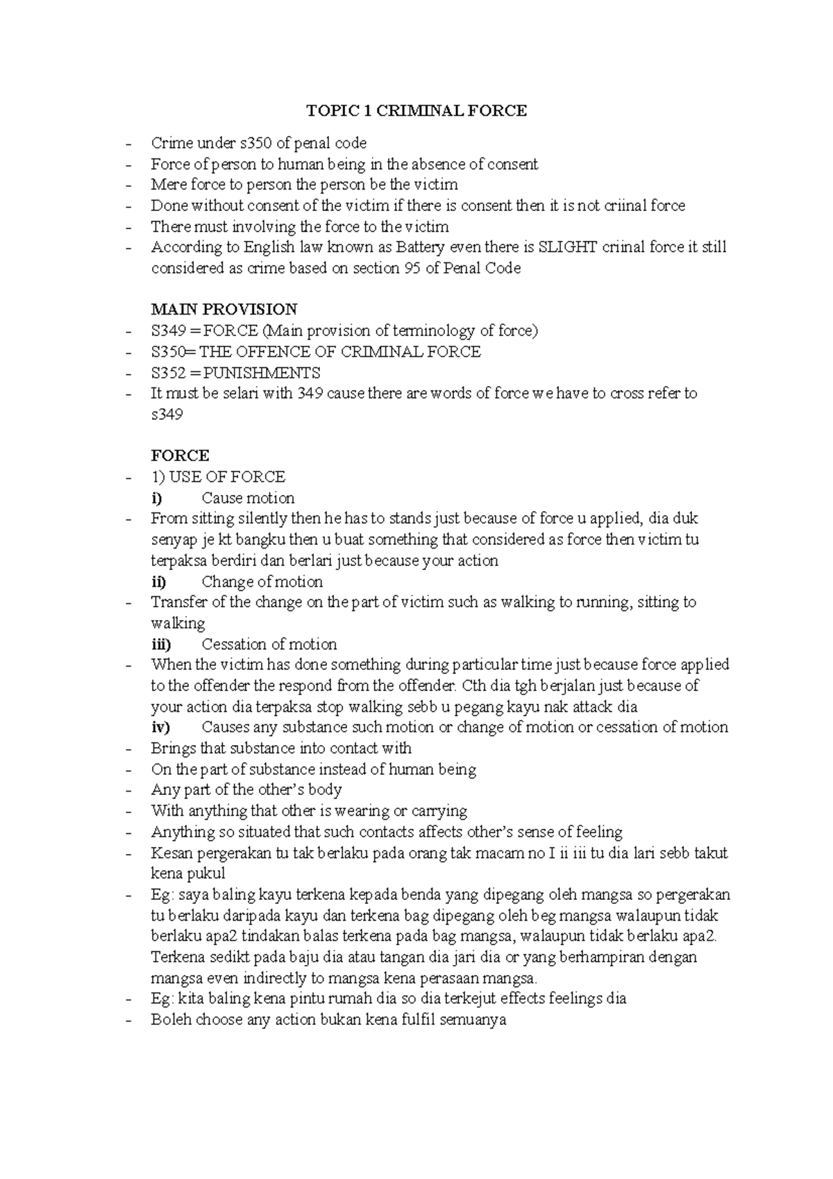 Topic 1 Criminal Force - my own notes - TOPIC 1 CRIMINAL FORCE Crime ...