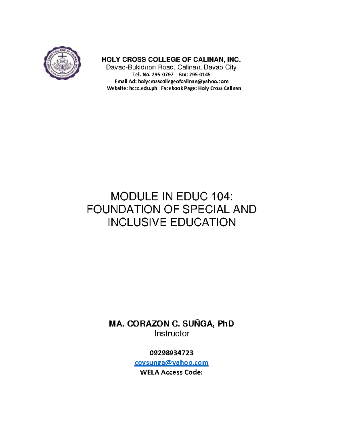 Module Educ 104 Unit 1 and 2 only - HOLY CROSS COLLEGE OF CALINAN, INC ...