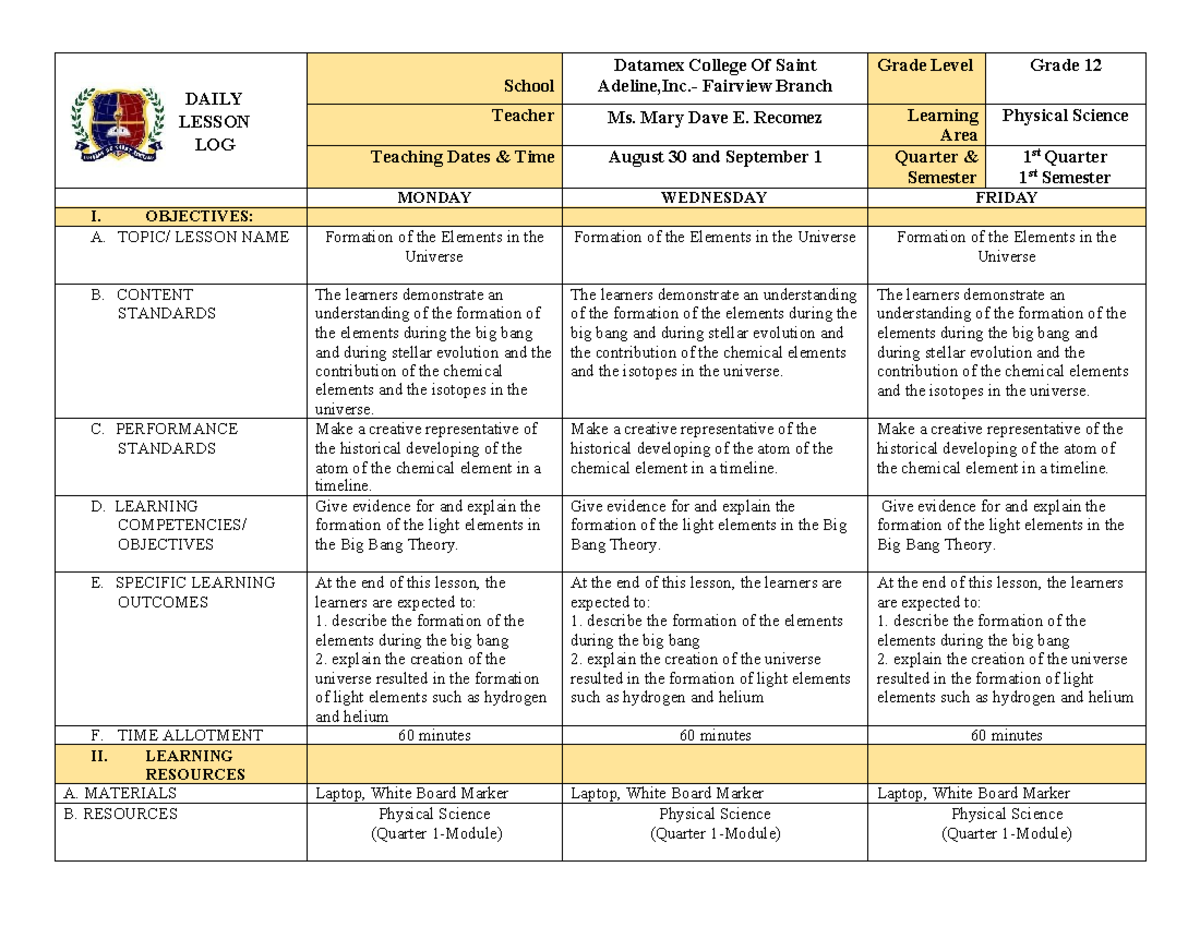 Physical Science WEEK 1 - DAILY LESSON LOG School Datamex College Of ...