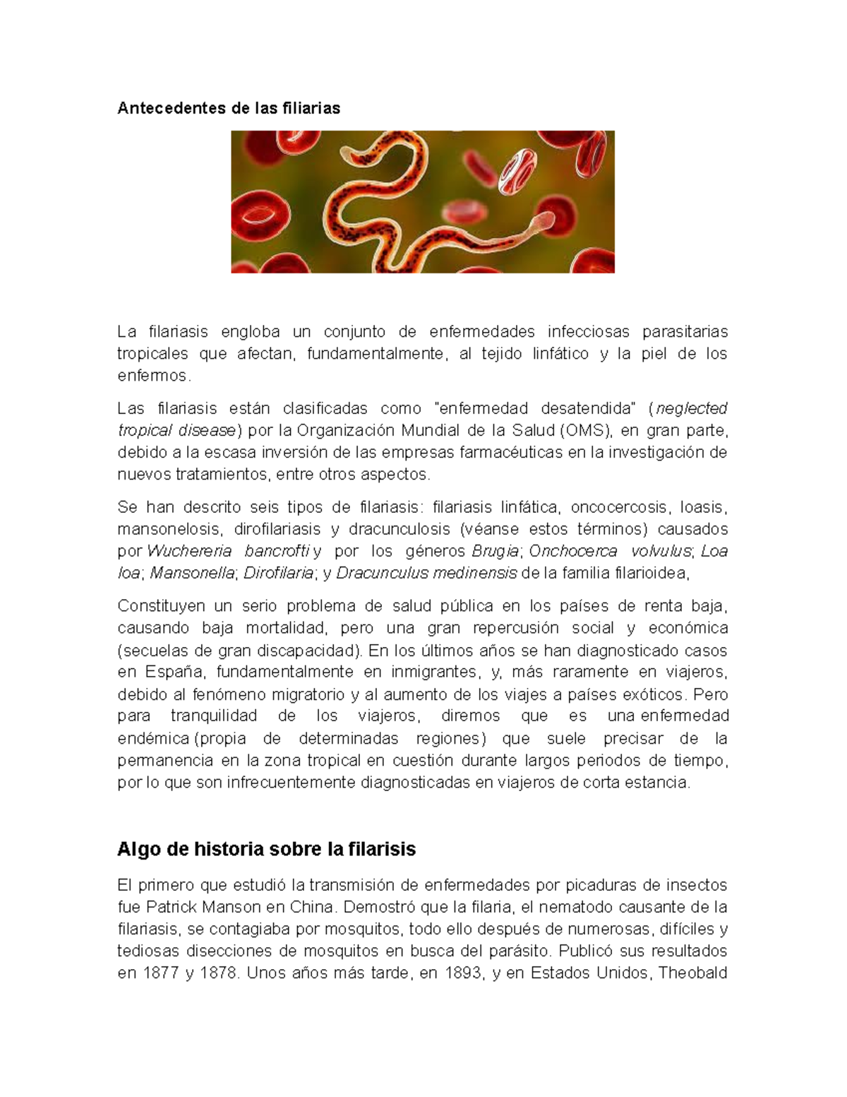 Filiarias - Generalidades sobre Filariasis - Antecedentes de las ...