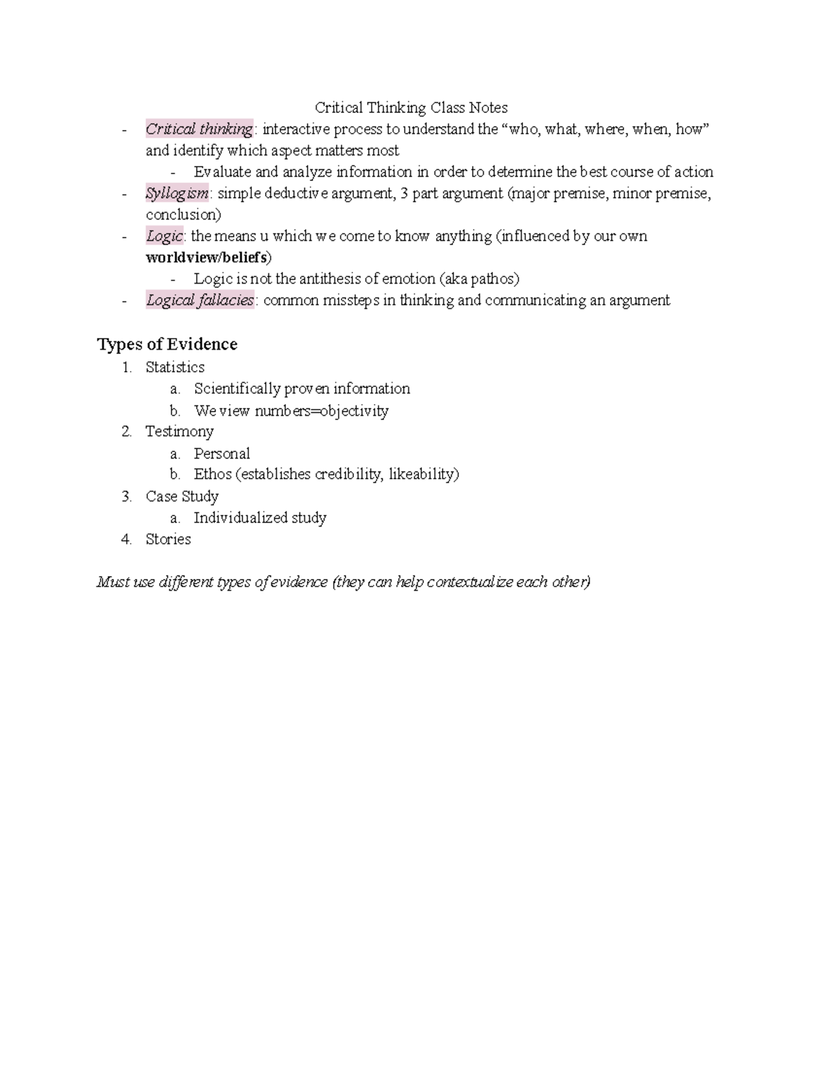 Critical Thinking Class Notes - Critical Thinking Class Notes Critical ...