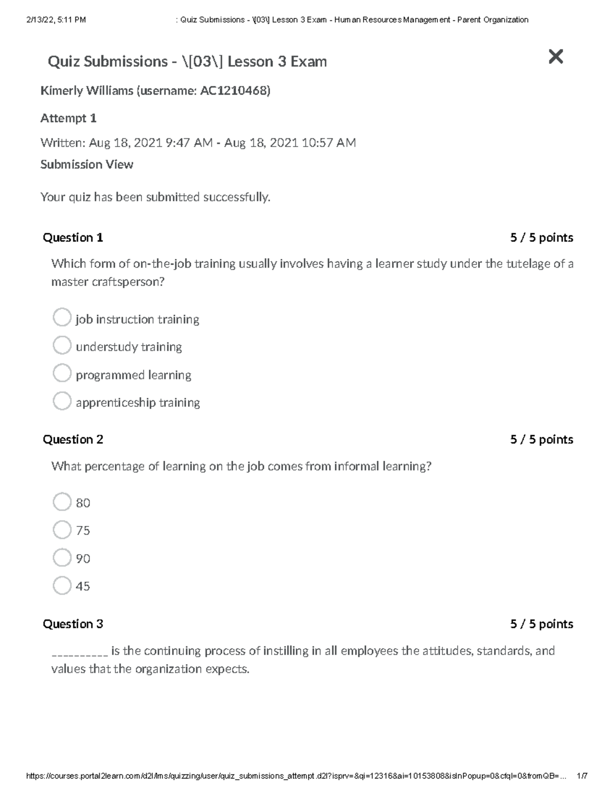 Quiz Submissions - [03 ] Lesson 3 Exam - Quiz Submissions - [03] Lesson 3 Exam Kimerly Williams ...