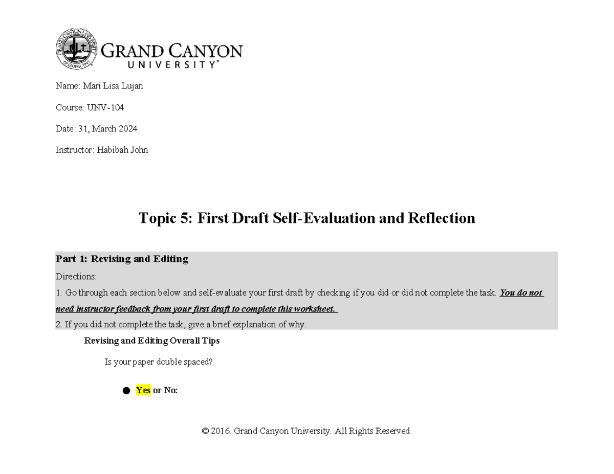UNV-104-RS-T5-First Draft Self-Evaluationand Reflection - Name: Mari ...
