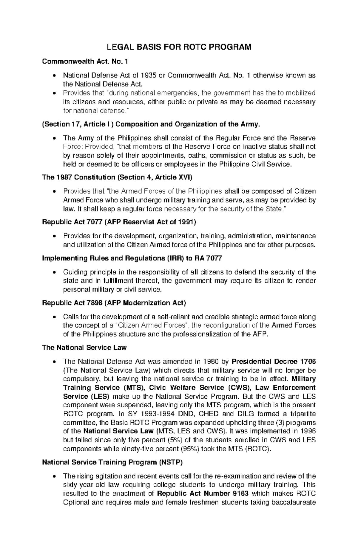 ROTC-PRE-LIMS -NSTP - LEGAL BASIS FOR ROTC PROGRAM Commonwealth Act. No ...