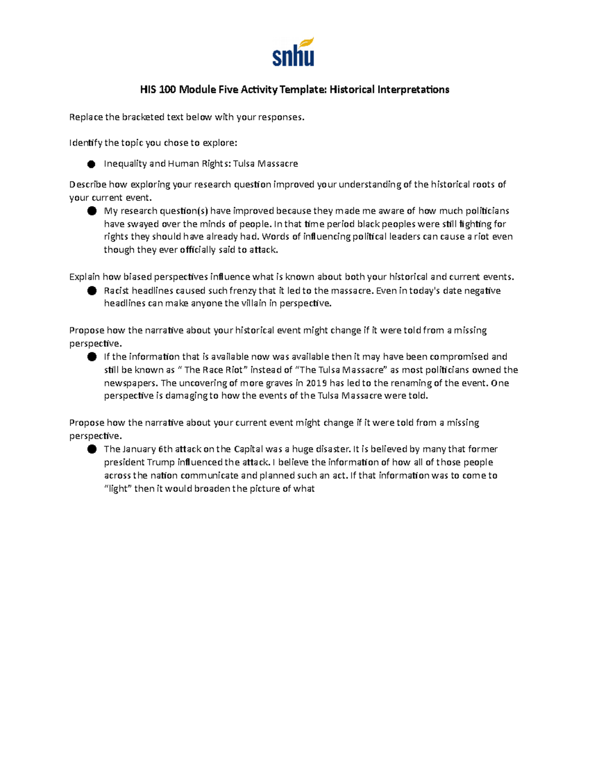 HIS 100 Module Five Activity Template - Identify the topic you chose to ...