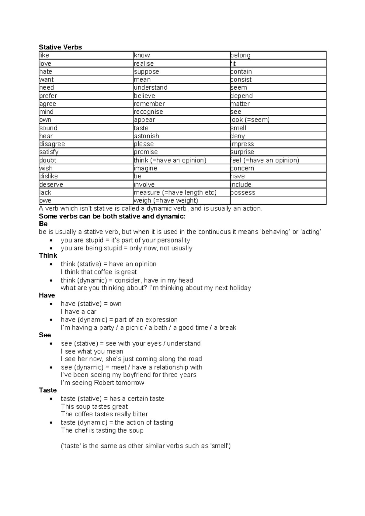 Stative vs dynamic verbs - Stative Verbs like know belong love realise ...