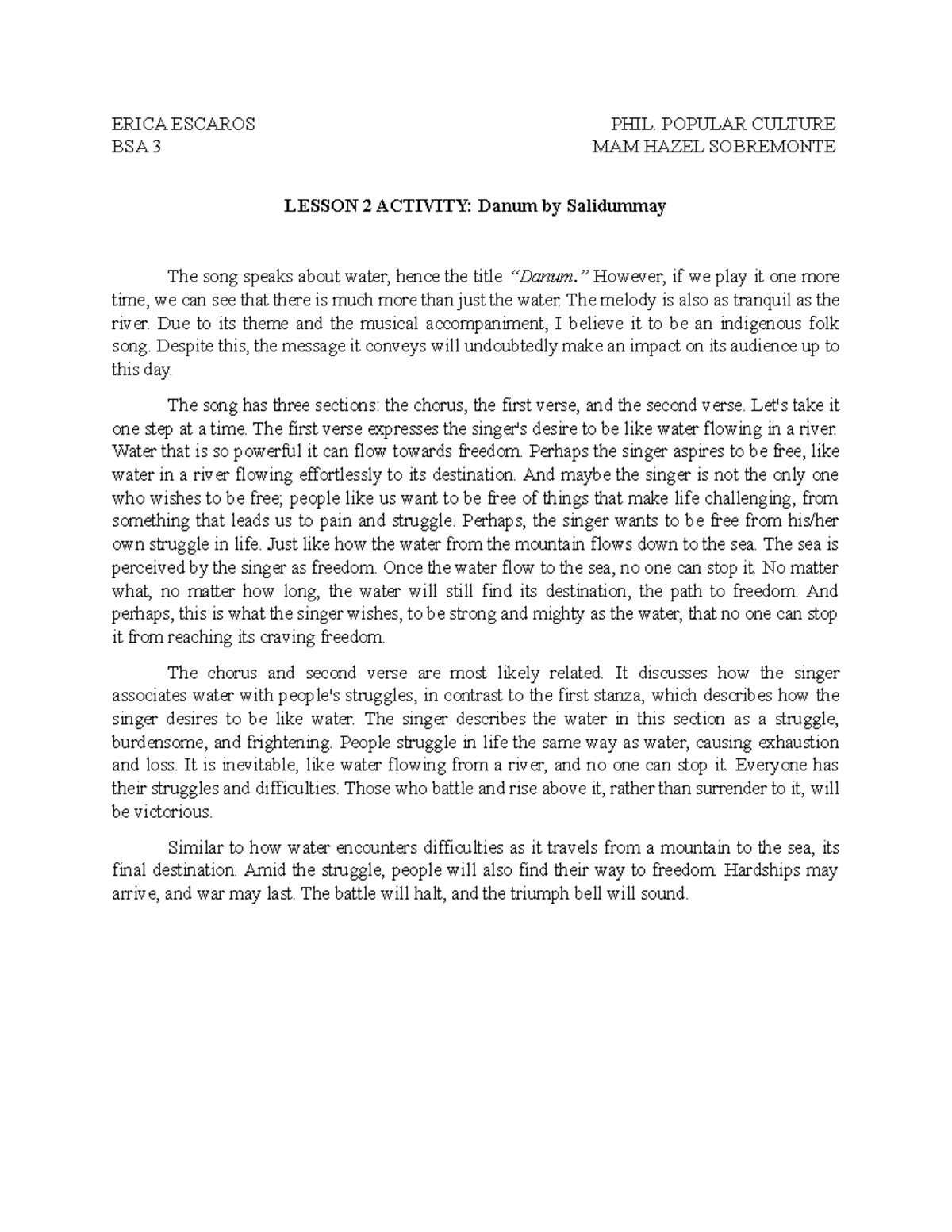 Lesson 2 Activity Danum - ERICA ESCAROS PHIL. POPULAR CULTURE BSA 3 MAM ...