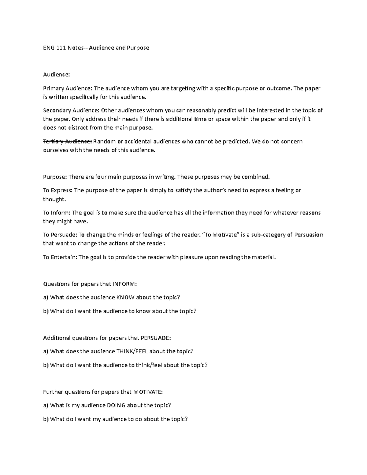 Eng 111 Notes Audience Purpose Eng 111 Notes Audience And Purpose Audience Primary Audience