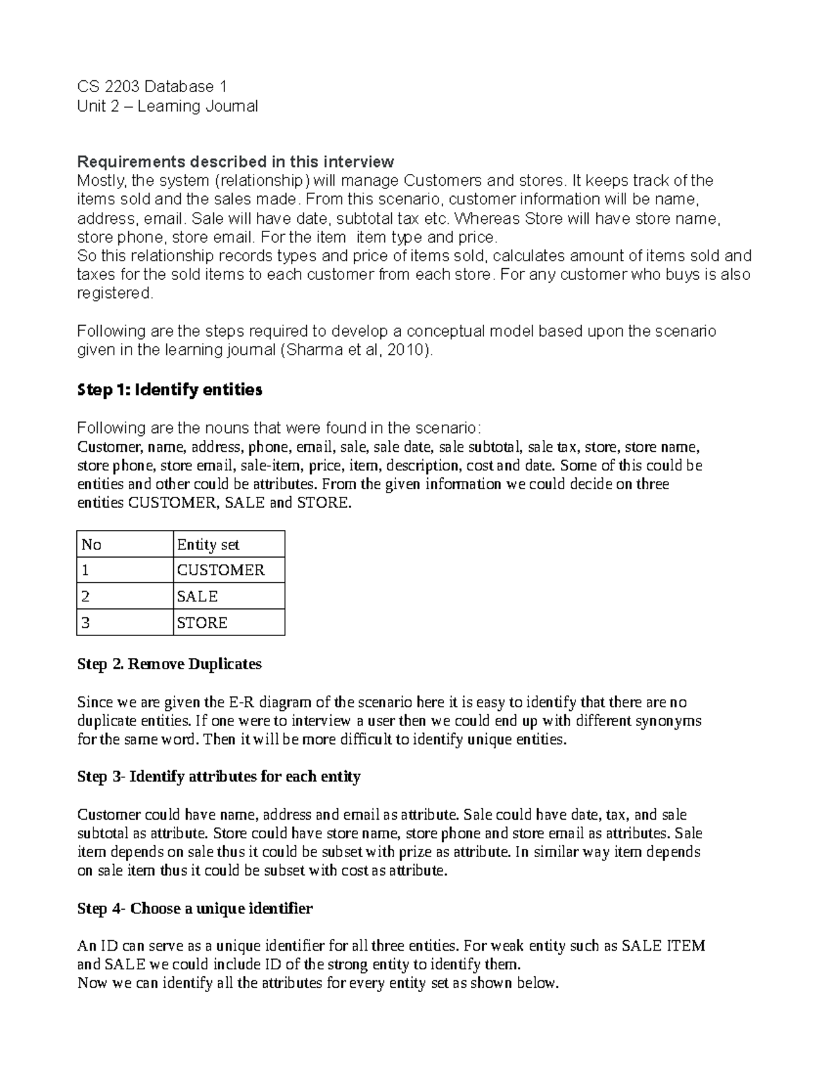 CS 2203 database 1 Learning journal unit 2 - CS 2203 Database 1 Unit 2 – Learning Journal - Studocu