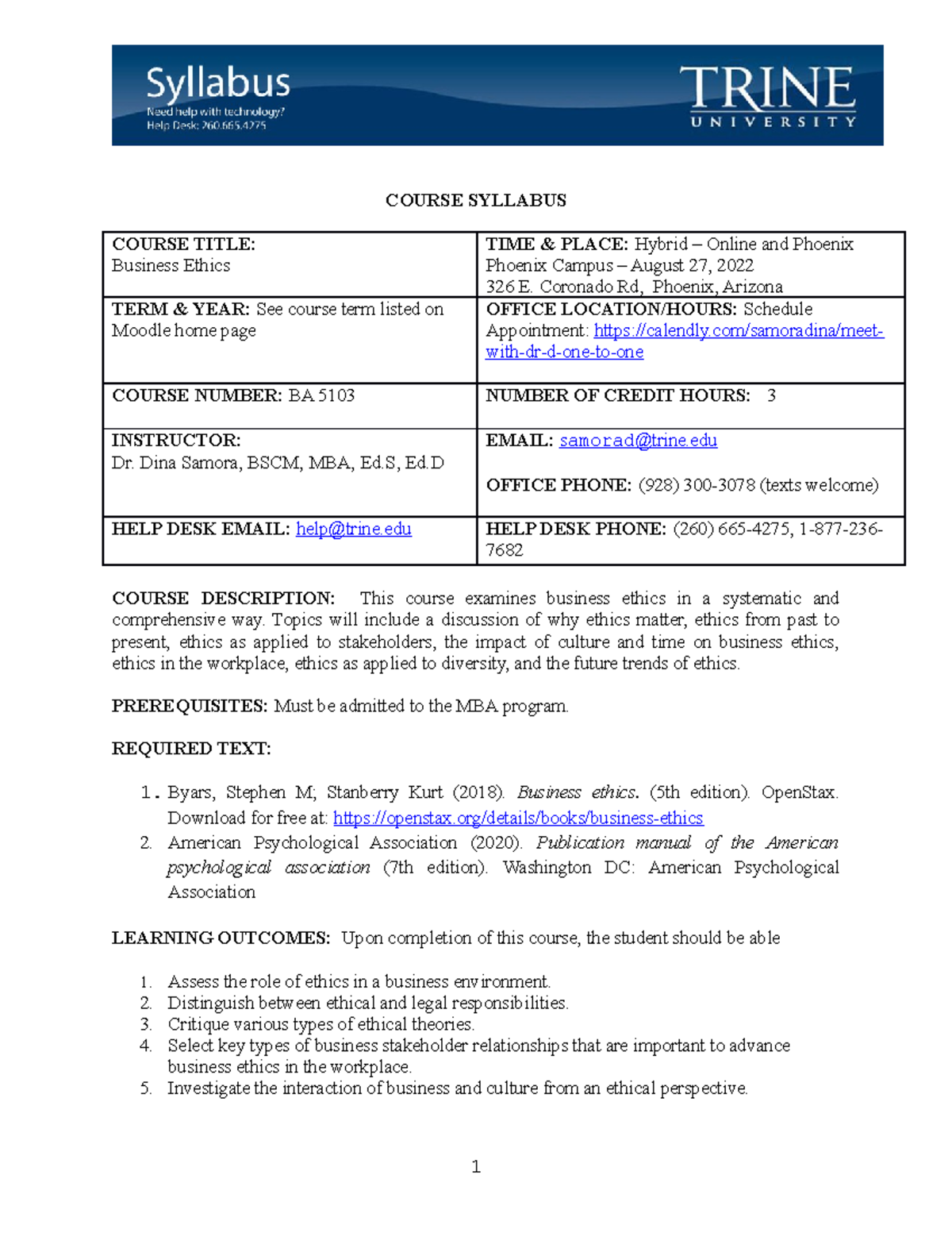 BA 5103 Business Ethics Syllabus 08.22.2022 Hybrid - COURSE SYLLABUS ...