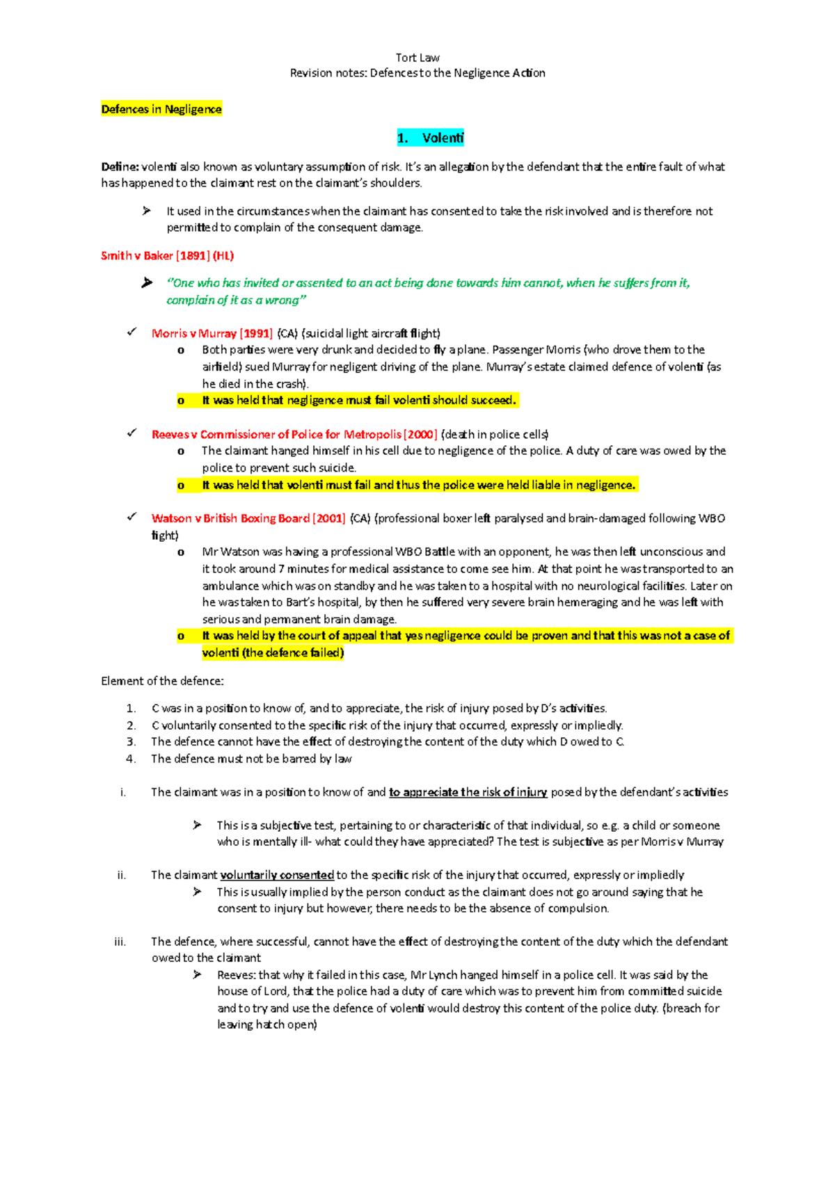 1.5 Defences to the Negligence Action - Tort Law Revision notes ...