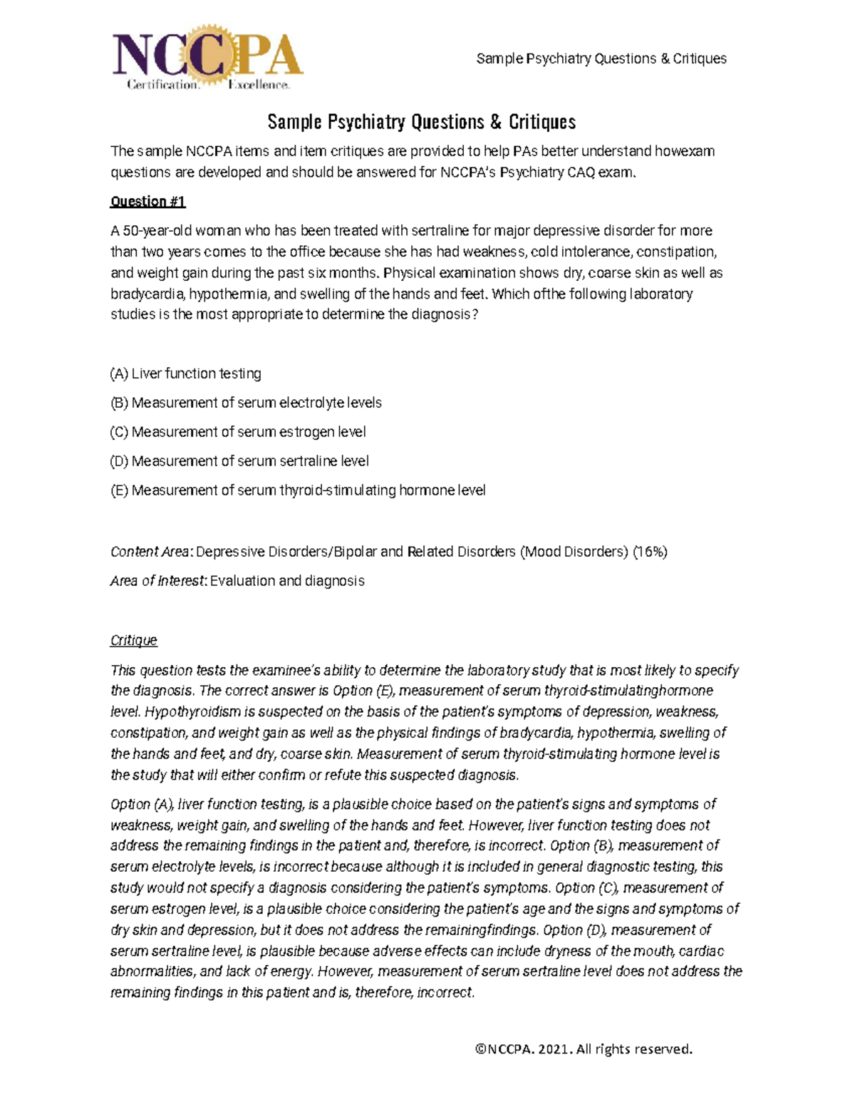Psychiatry-Critiques - Sample Psychiatry Questions & Critiques The ...