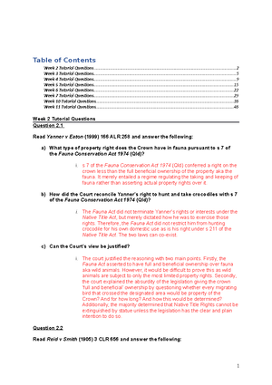 LLB204 tutorial questions - READINGS WEEK 2 Yanner v Eaton (1999) 166 ALR 258 What type of ...