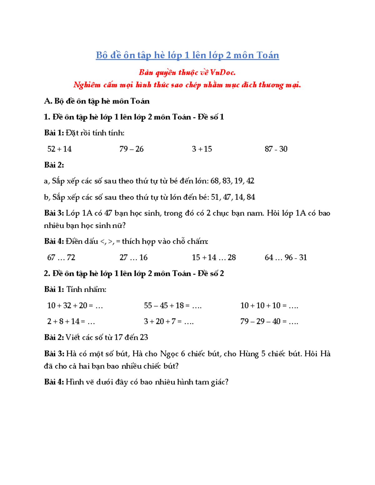 Bo de on tap he lop 1 len lop 2 mon toan tieng viet - Bộ đề ôn tập hè lớp 1 lên lớp 2 môn Toán ...