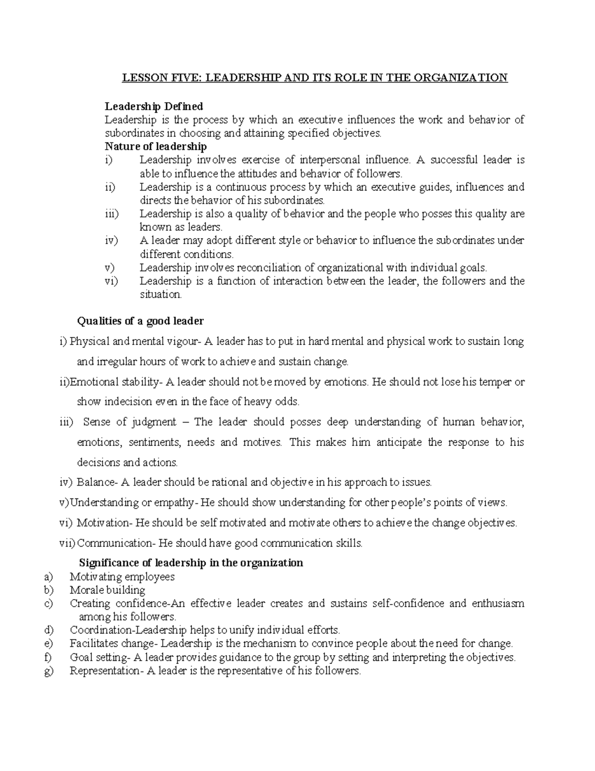 Lesson FIVE - LESSON FIVE: LEADERSHIP AND ITS ROLE IN THE ORGANIZATION ...