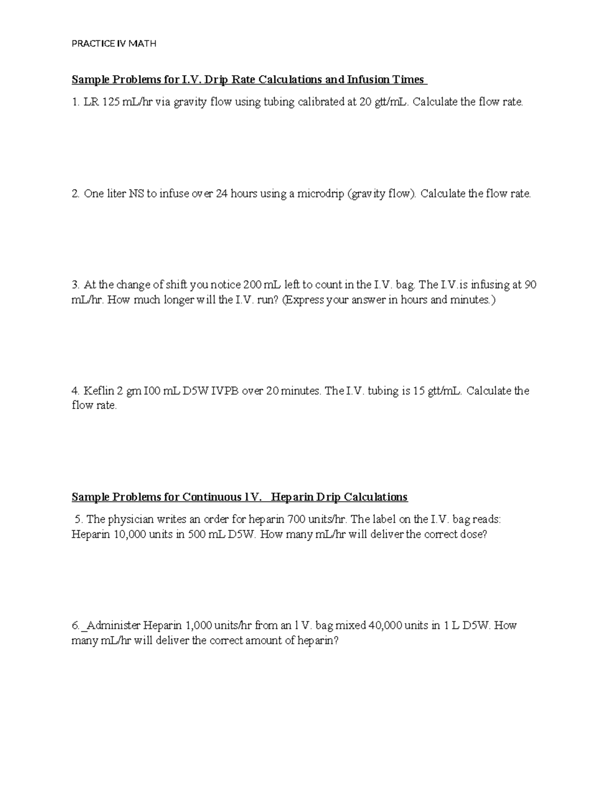 IV practice Fall 2022 - PRACTICE IV MATH Sample Problems for I. Drip ...