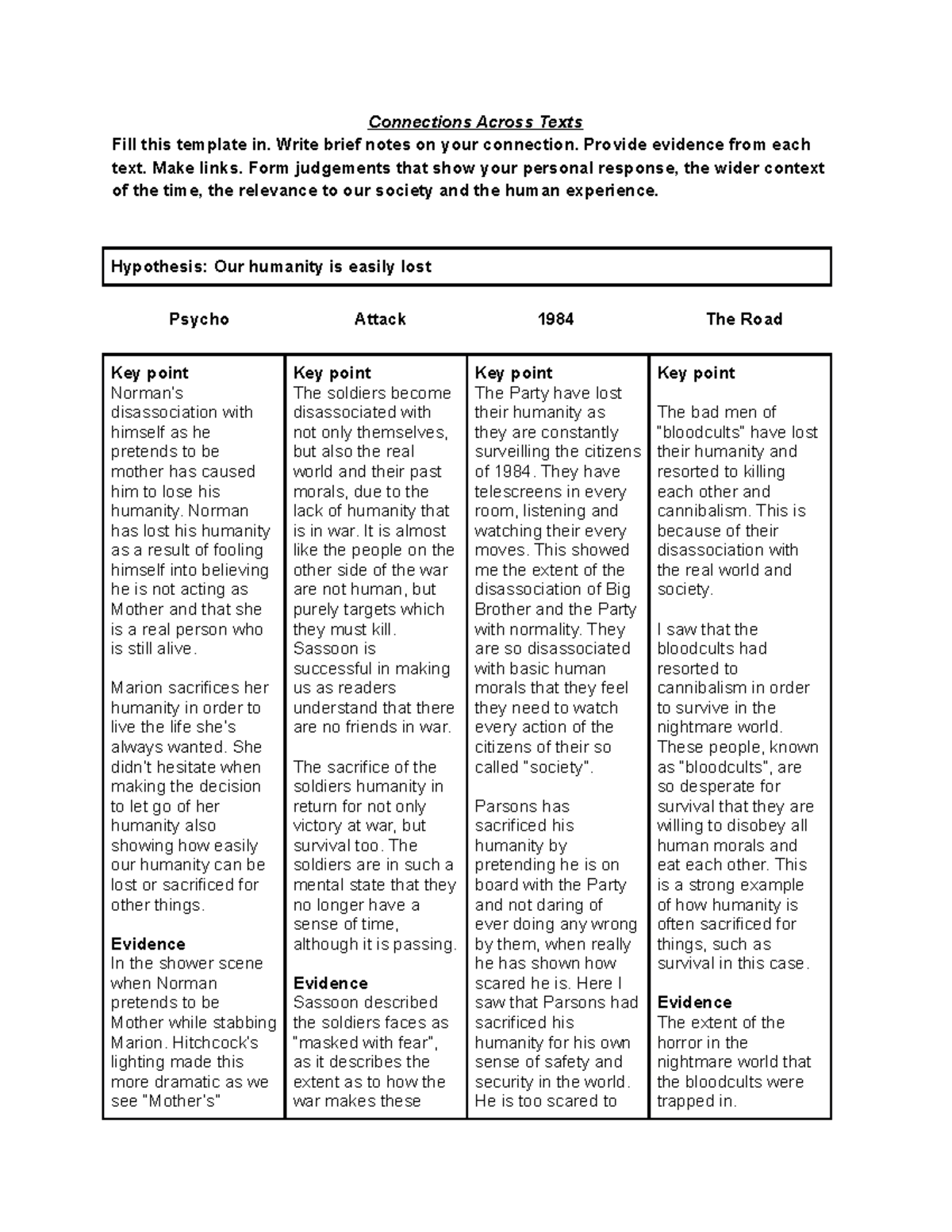Connections Across Texts - Write brief notes on your connection ...