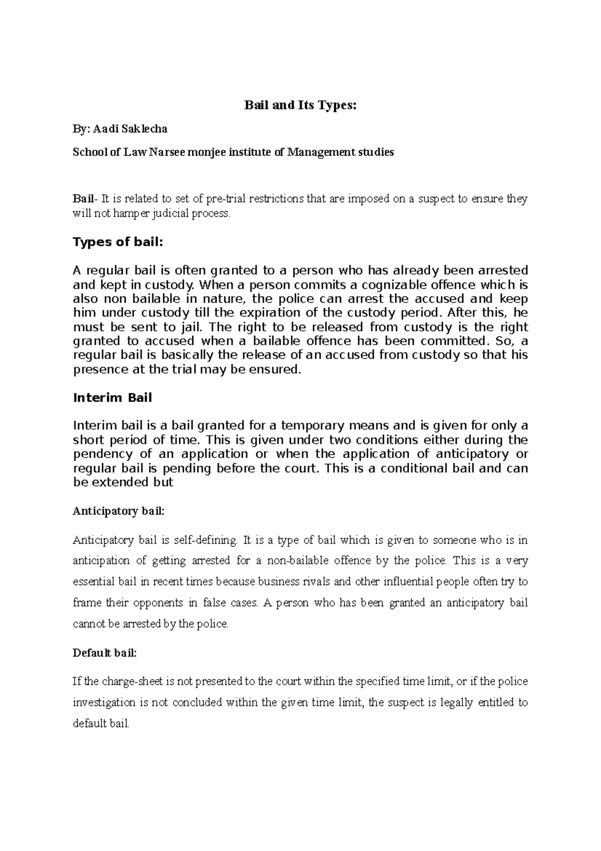 Aadi saklecha Types of bail - Bail and Its Types: By: Aadi Saklecha ...