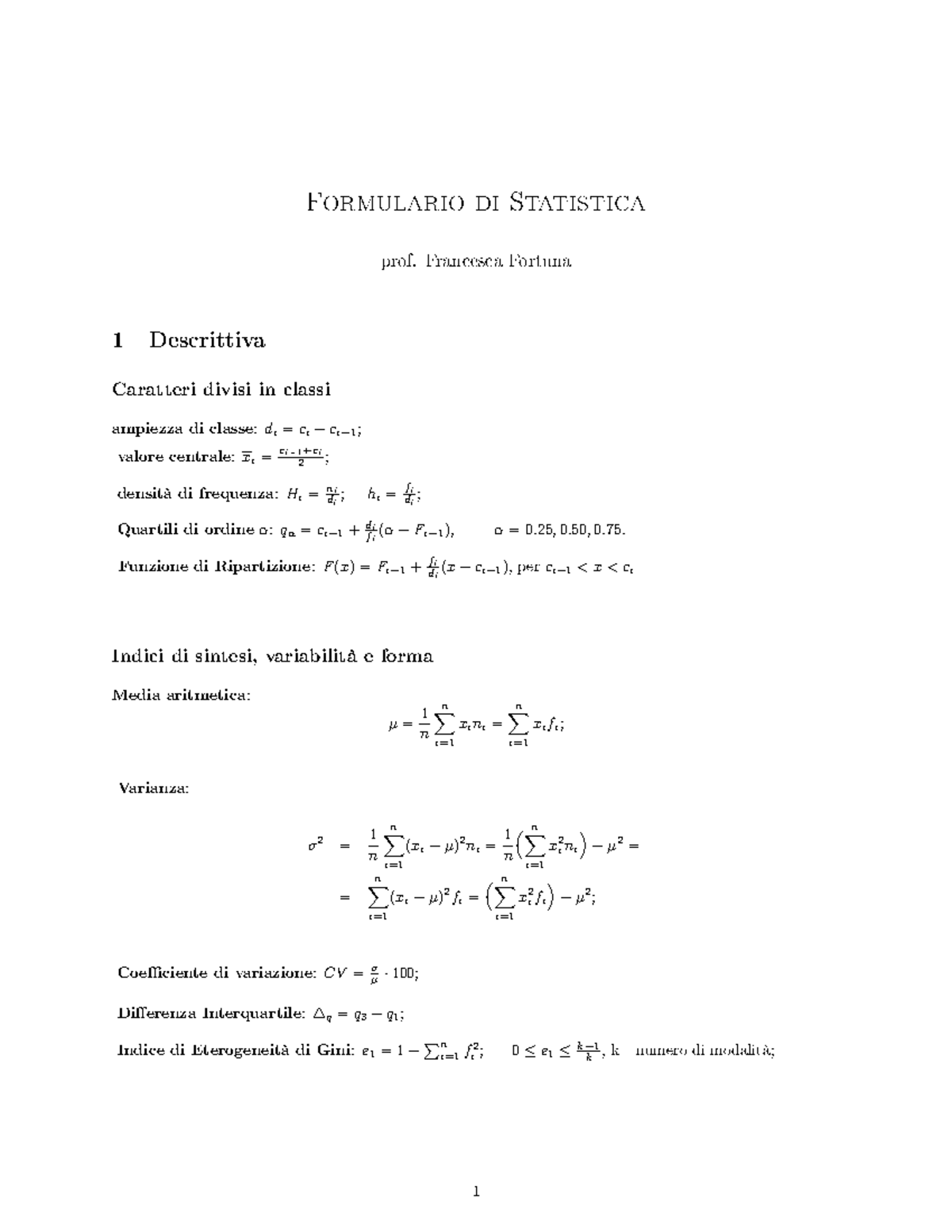 Formulario - Statistica - UniRoma3 - Studocu