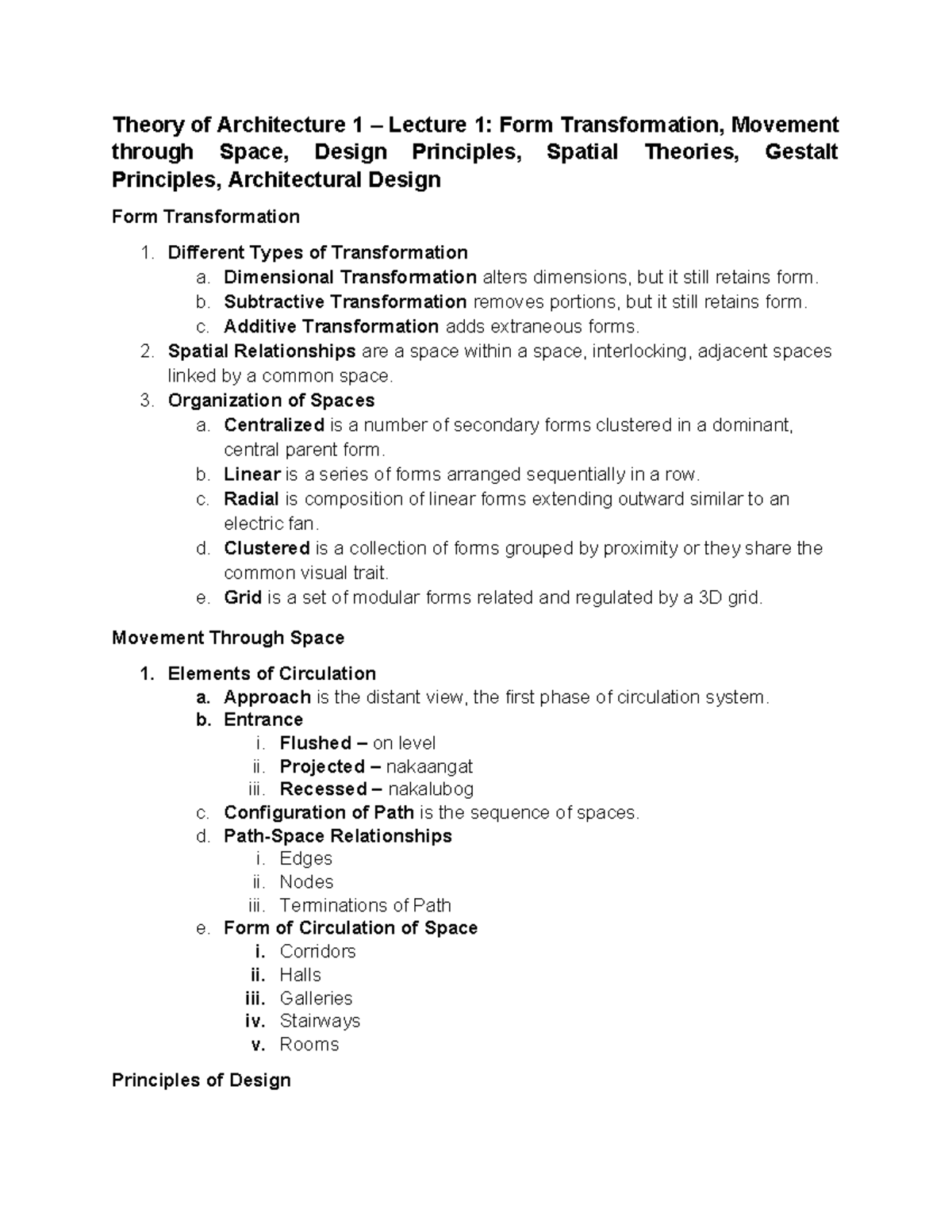 TOA-1 Topic 1 Form Transformation, Movement through Space, Design Principles, Spatial Theories ...