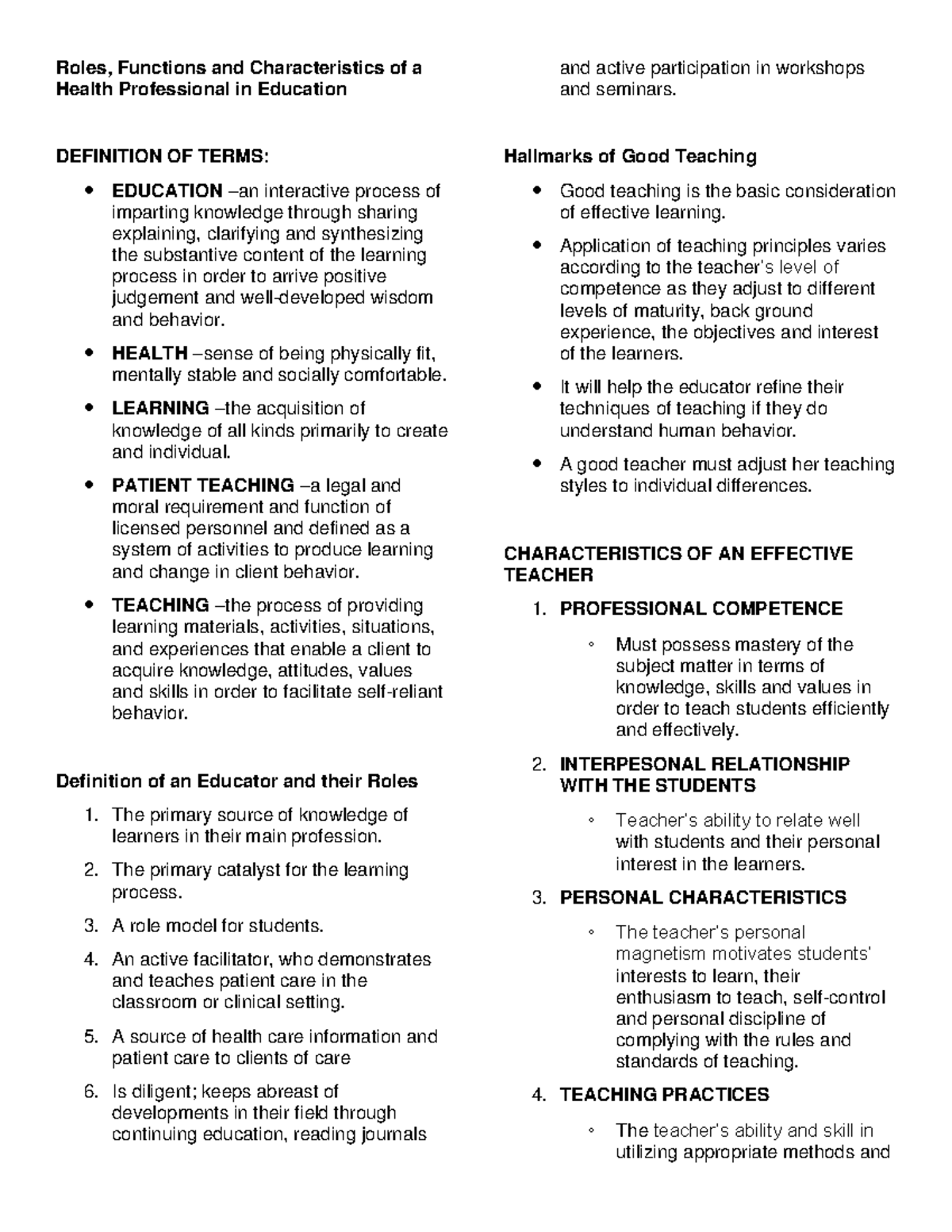 3 - Roles of an educator notes - Roles, Functions and Characteristics ...