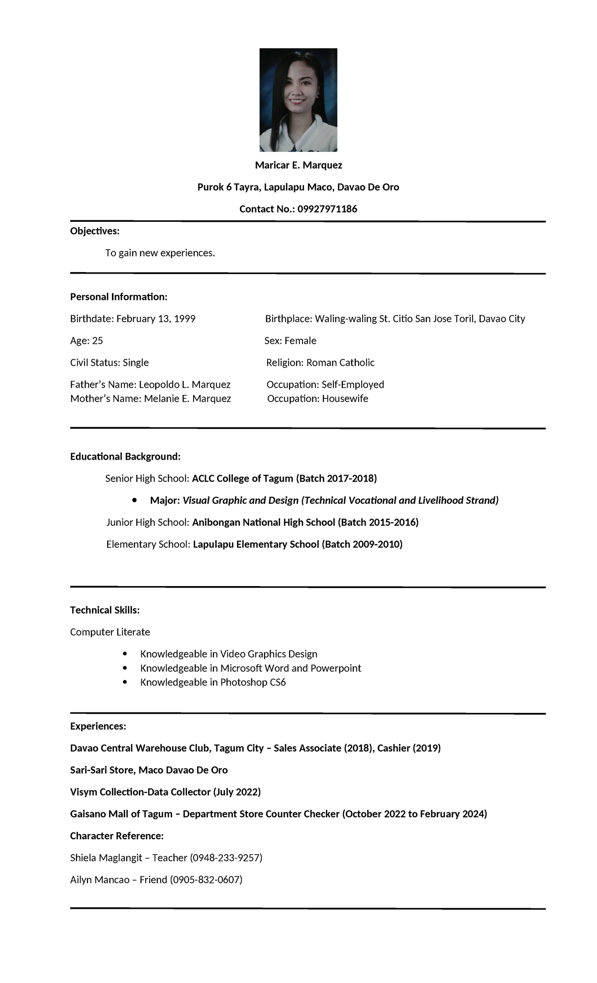 Maricar-resume-1 - nothing. - Maricar E. Marquez Purok 6 Tayra, Lapulapu Maco, Davao De Oro ...