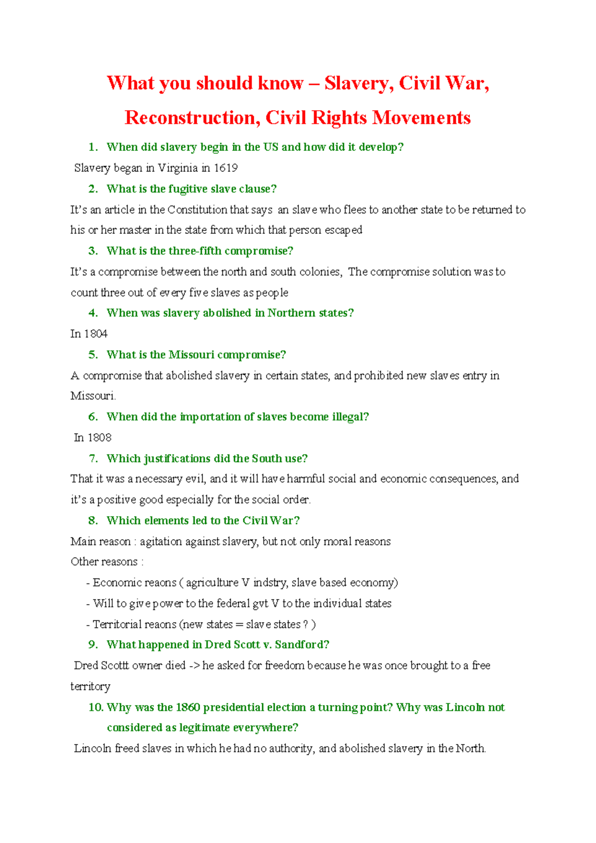 What you should know – Slavery CW reconstruction - What you should know ...