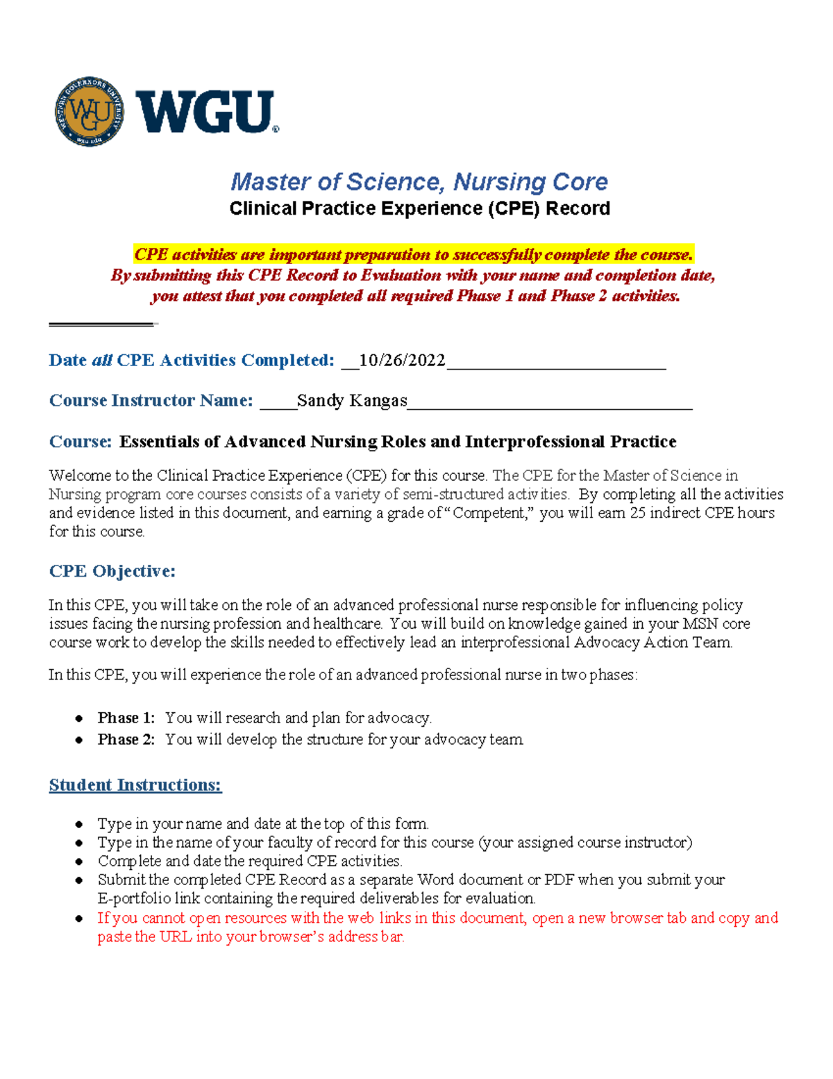CPE Record d025 - Master of Science, Nursing Core Clinical Practice ...