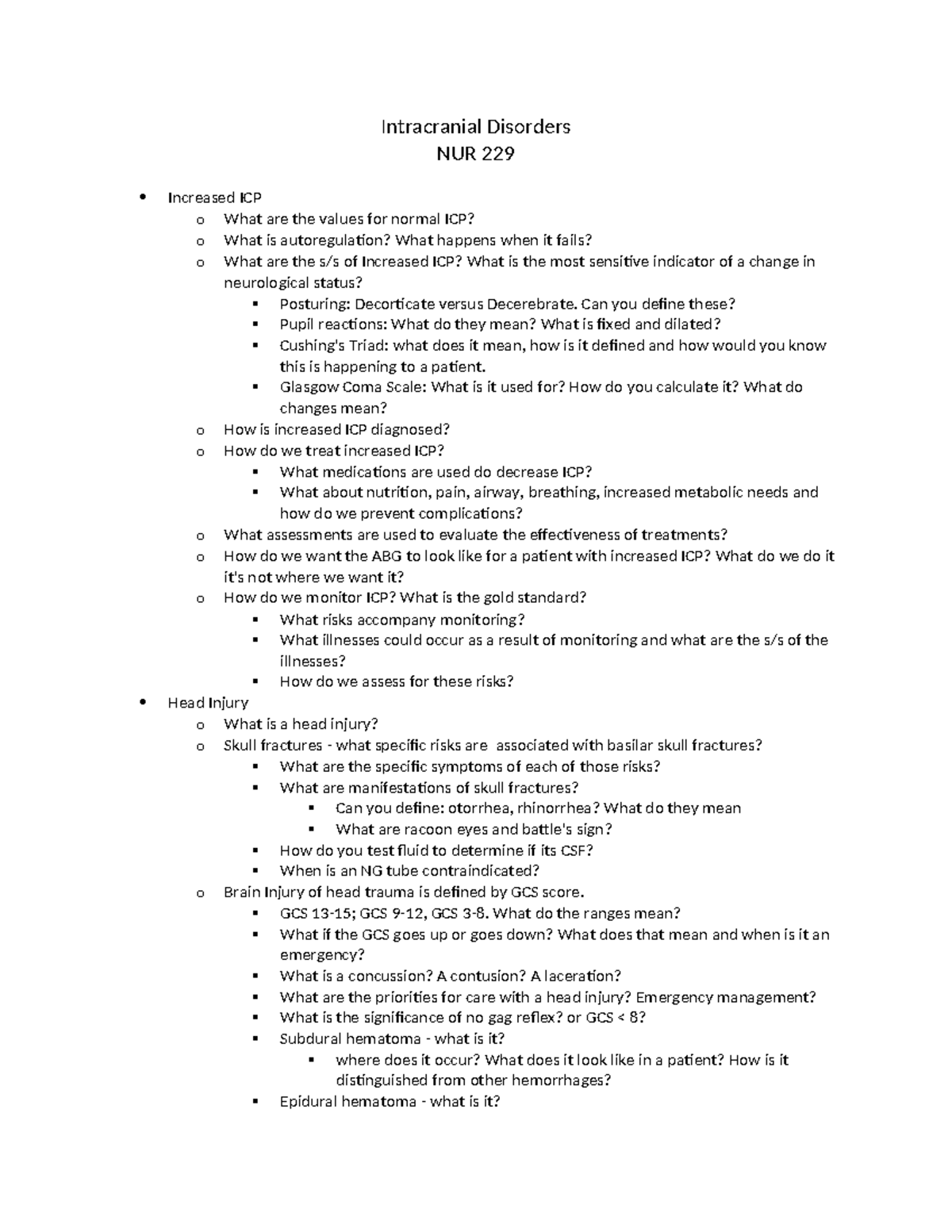 Neuro Intracranial Review - Intracranial Disorders NUR 229 Increased ...