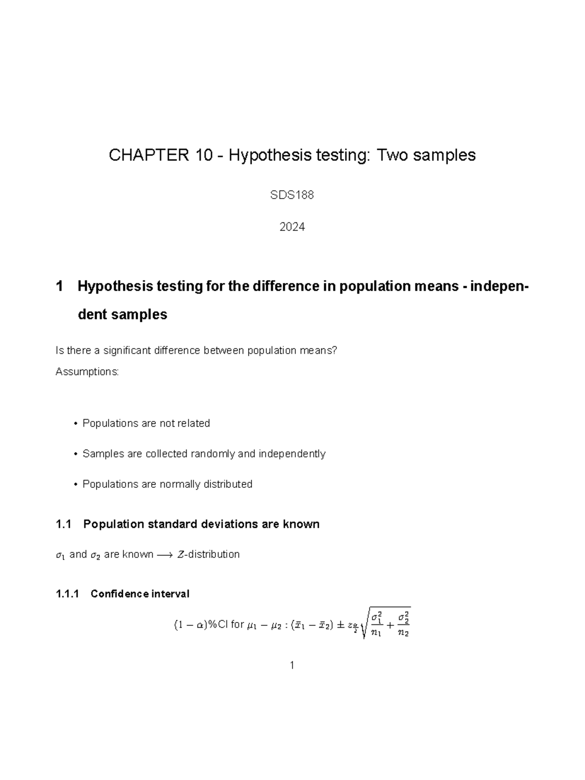 Chapter 10 Notes - CHAPTER 10 - Hypothesis testing: Two samples SDS ...