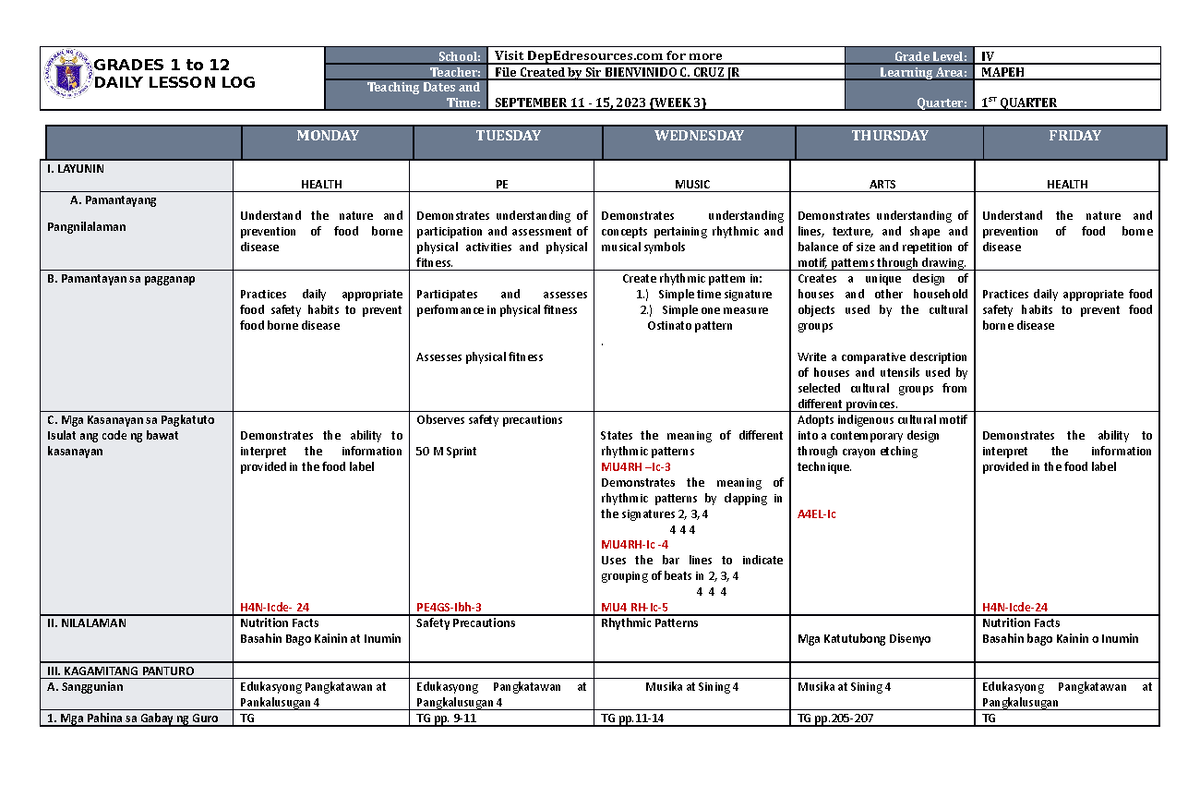 DLL Mapeh 4 Q1 W3 - DLL - GRADES 1 to 12 DAILY LESSON LOG School: Visit ...