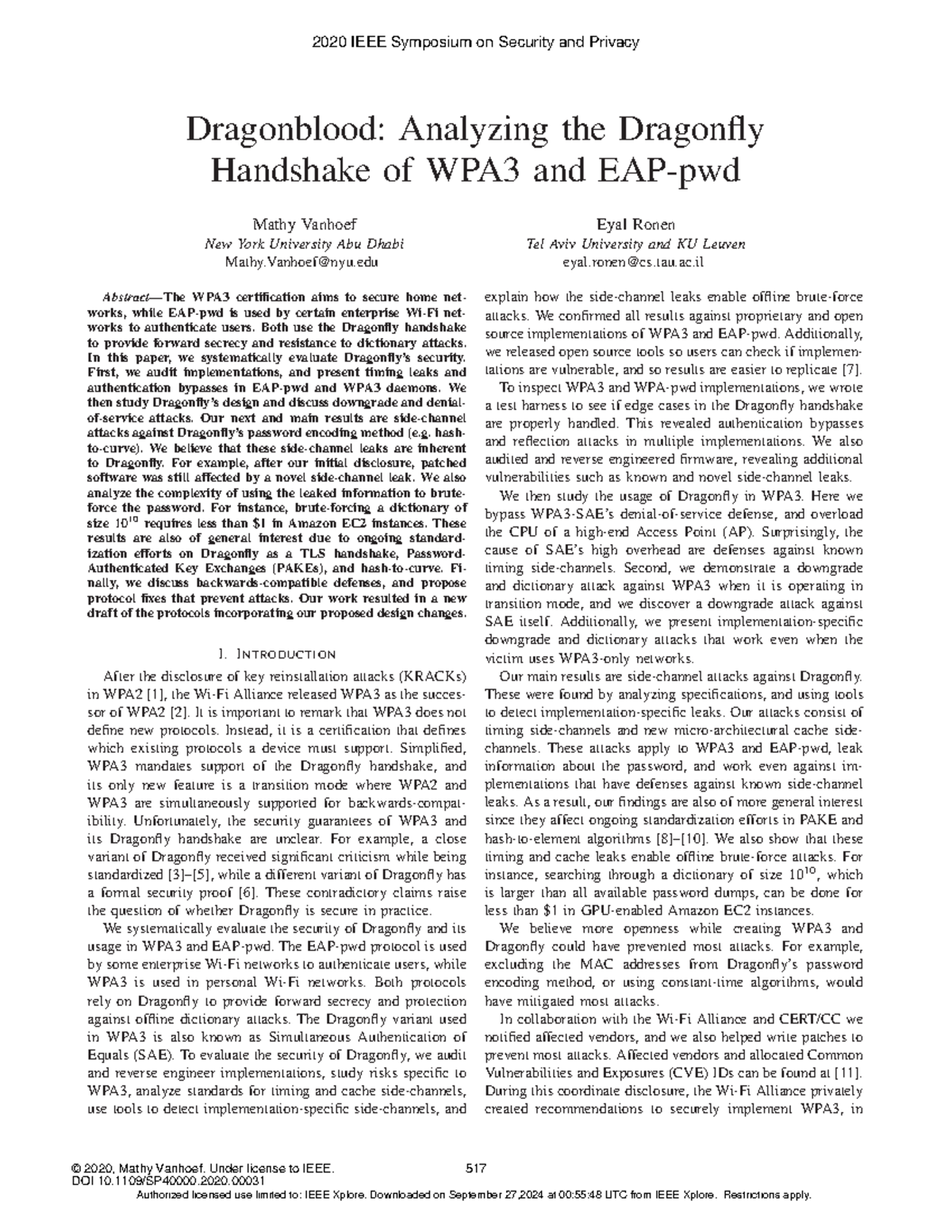 Dragonblood Analyzing the Dragonfly Handshake of WPA3 and EAP-pwd ...