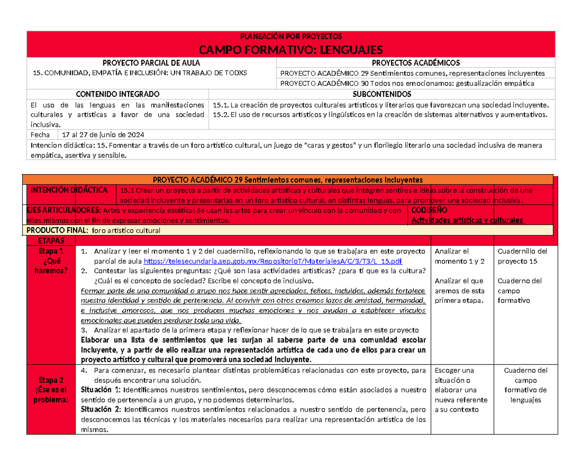PPA 15-3ER Grado - PLANEACIÓN POR PROYECTOS CAMPO FORMATIVO: LENGUAJES PROYECTO PARCIAL DE AULA ...