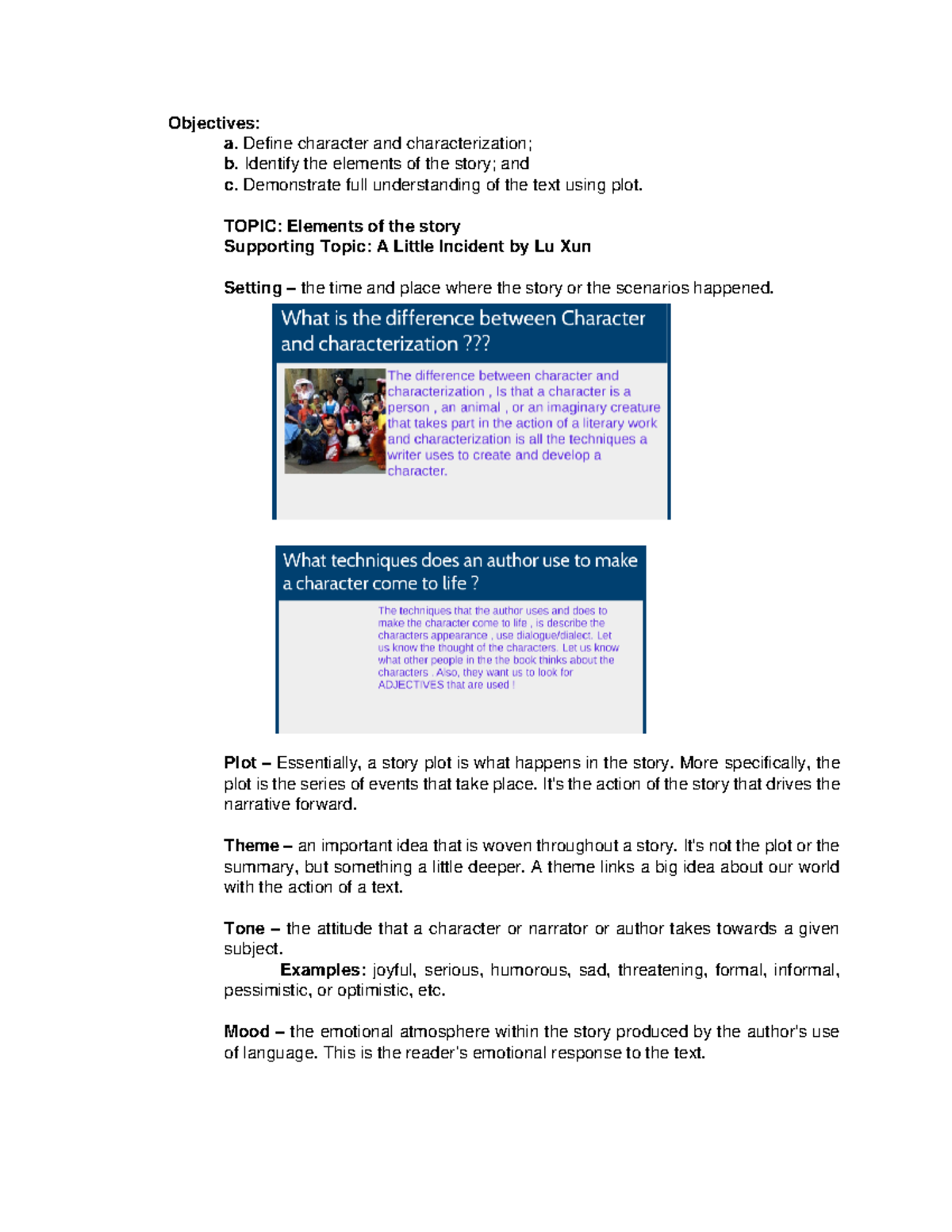 Elements OF THE Story Activity - Objectives: a. Define character and ...