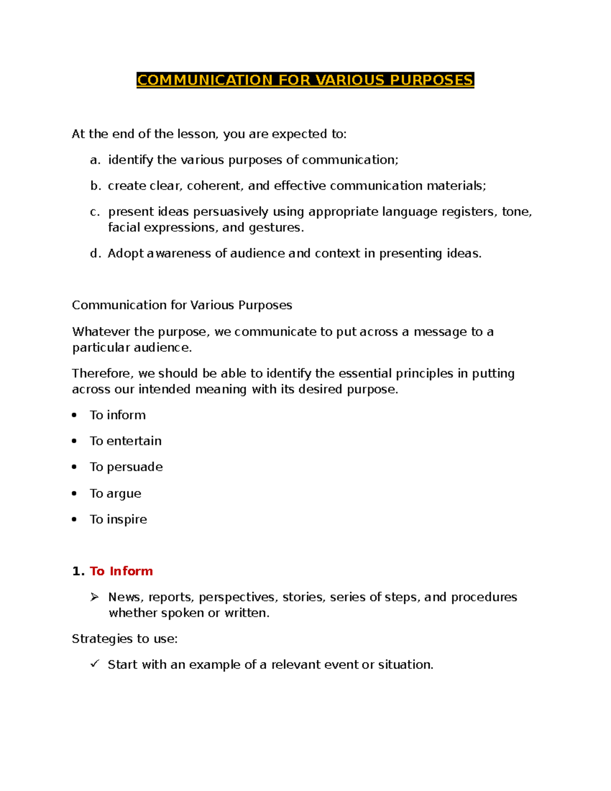 Communication FOR Various Purposes - COMMUNICATION FOR VARIOUS PURPOSES ...