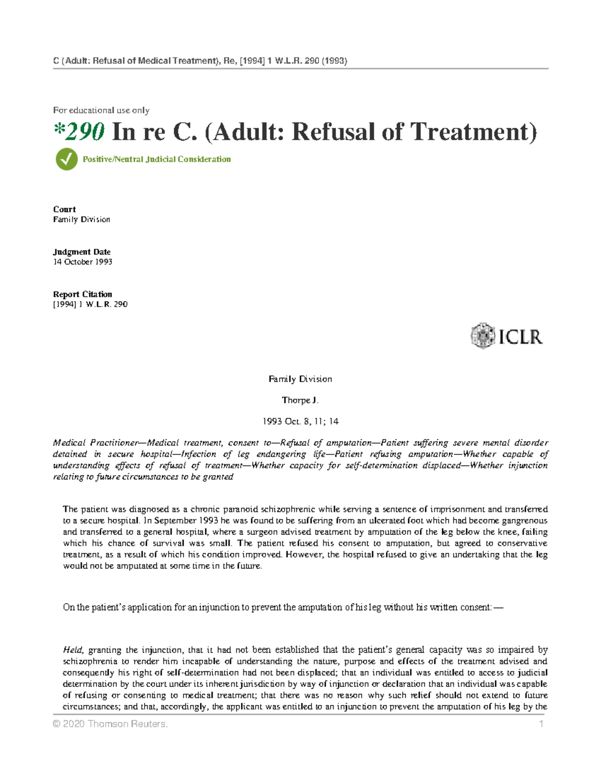 C (Adult Refusal of Medical Treatment) Re - For educational use only ...