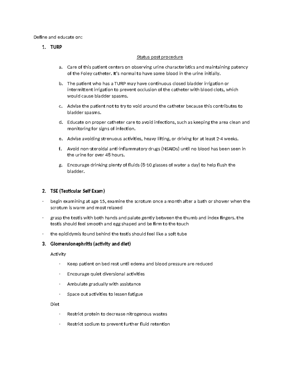 CH50 urinary system - Define and educate on: 1. TURP Status post ...