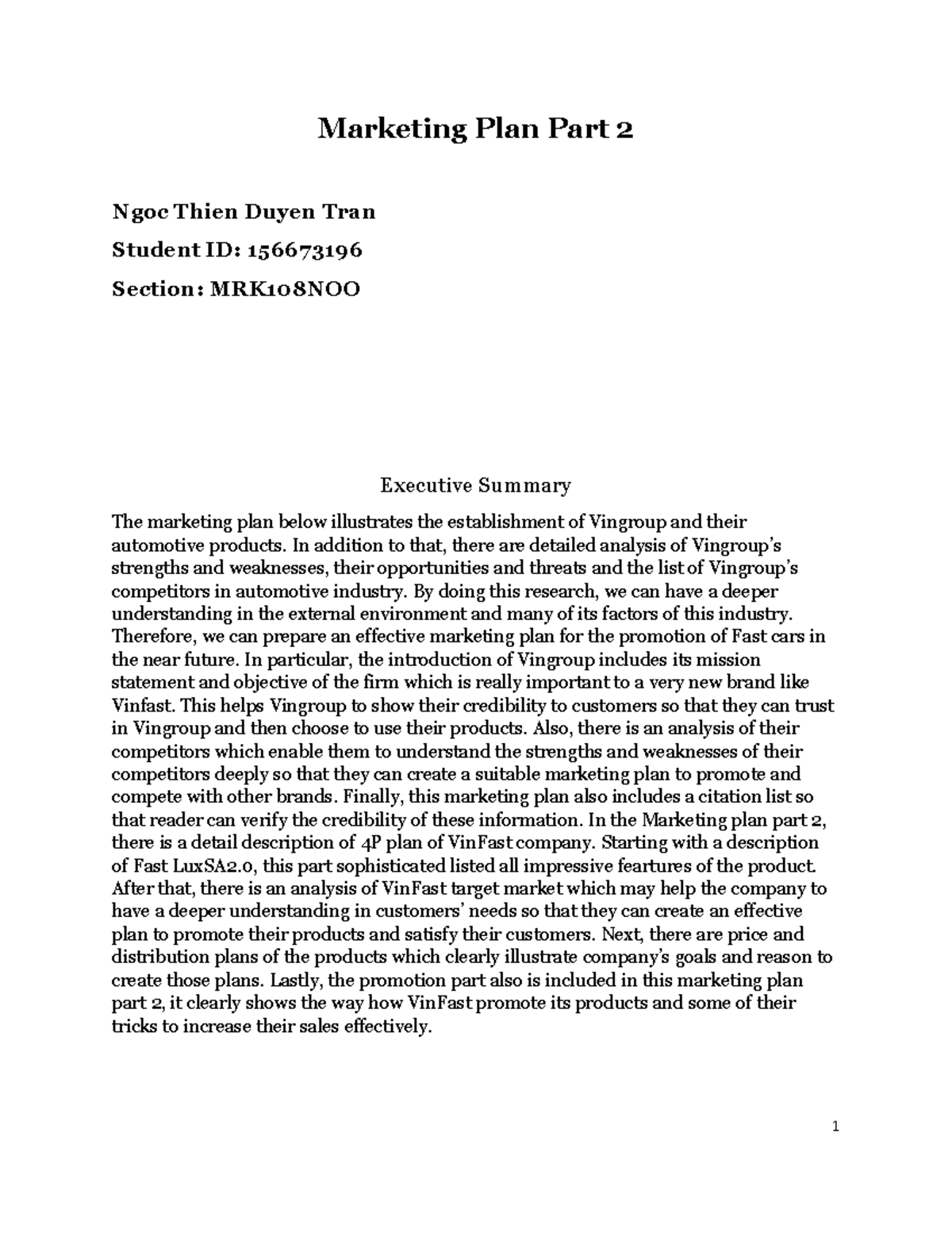 Marketing plan p2 - Grade: A+ - Marketing Plan Part 2 Ngoc Thien Duyen ...