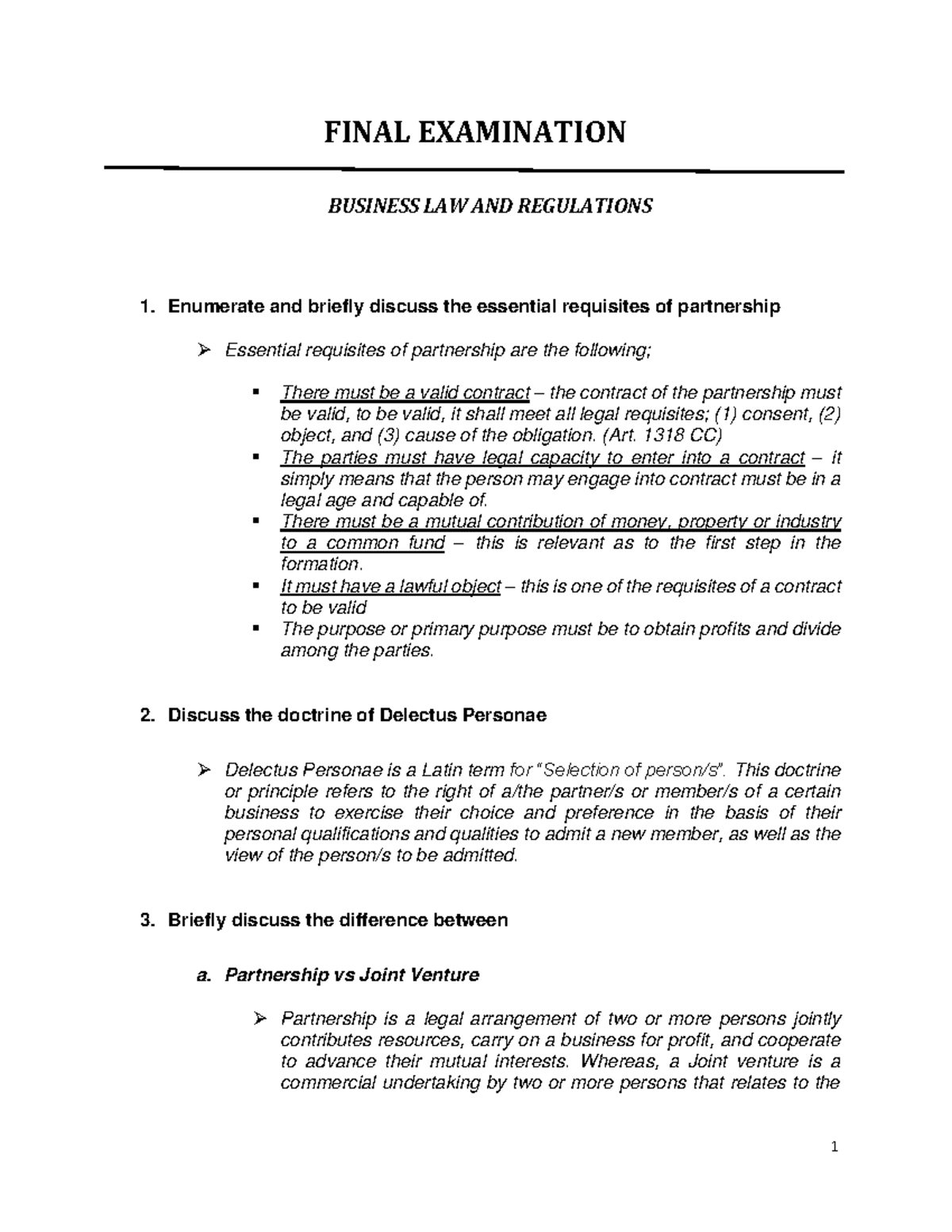 Business LAW AND Regulations - FINAL EXAMINATION BUSINESS LAW AND ...