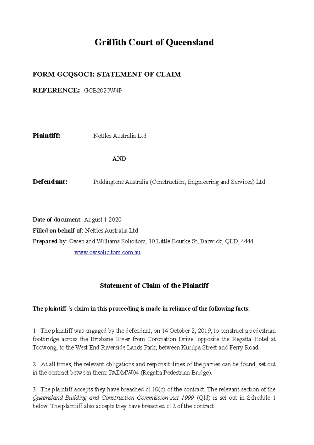 Week 4 Small Group Statement of Claim GCB2020W4P - Griffith Court of ...