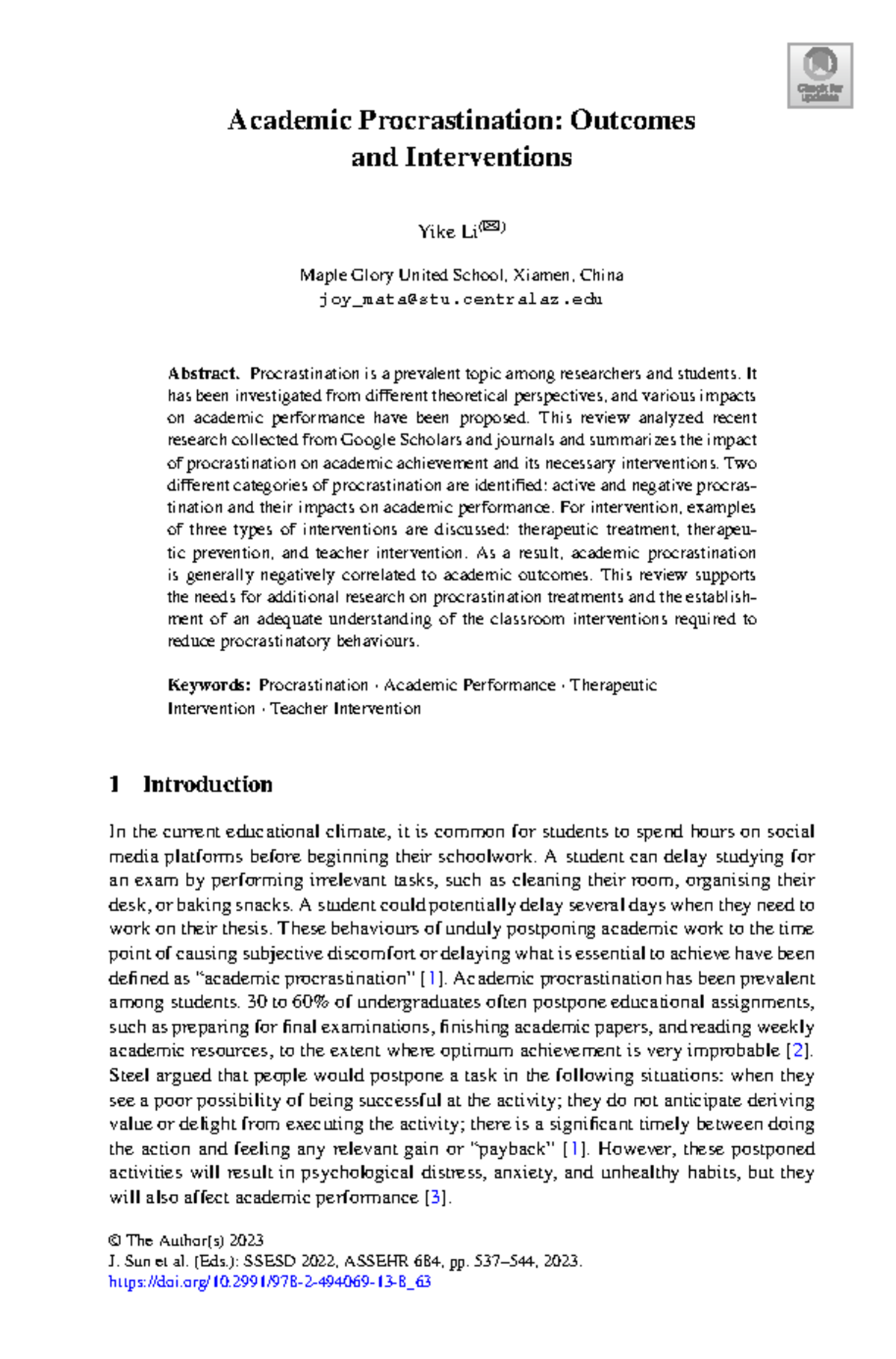 125977026 - Academic Procrastination: Outcomes and Interventions Yike ...