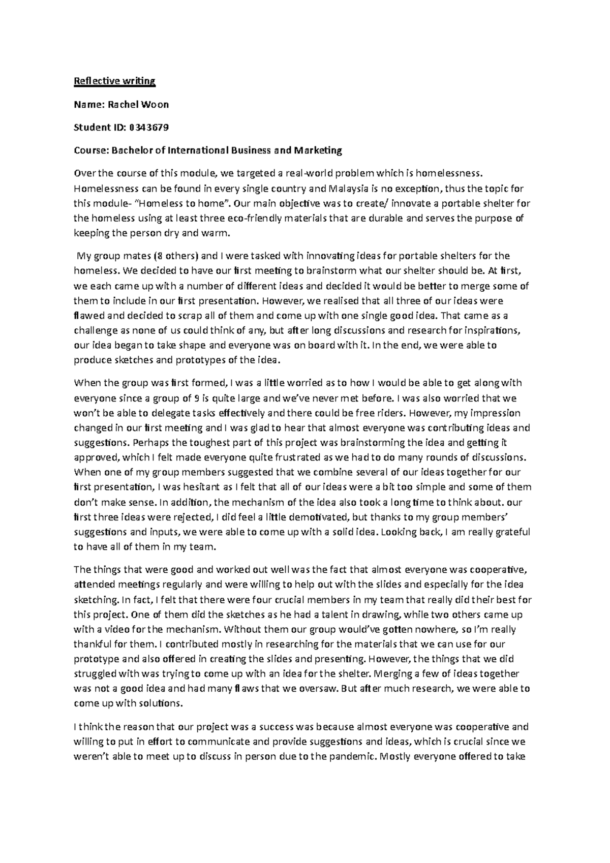 Individual Reflection 1 211006 - Reflective writing Name: Rachel Woon ...