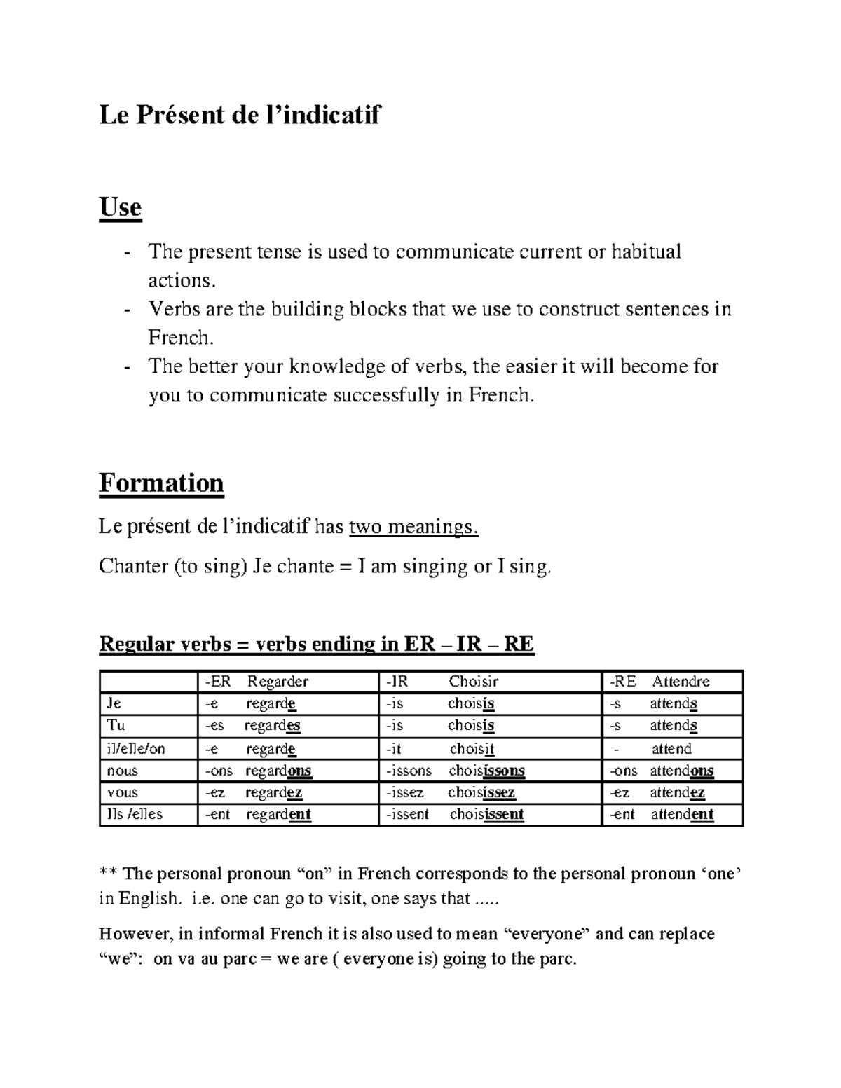 Le Présent de l'indicatif - regular verbs - Le Présent de l’indicatif ...