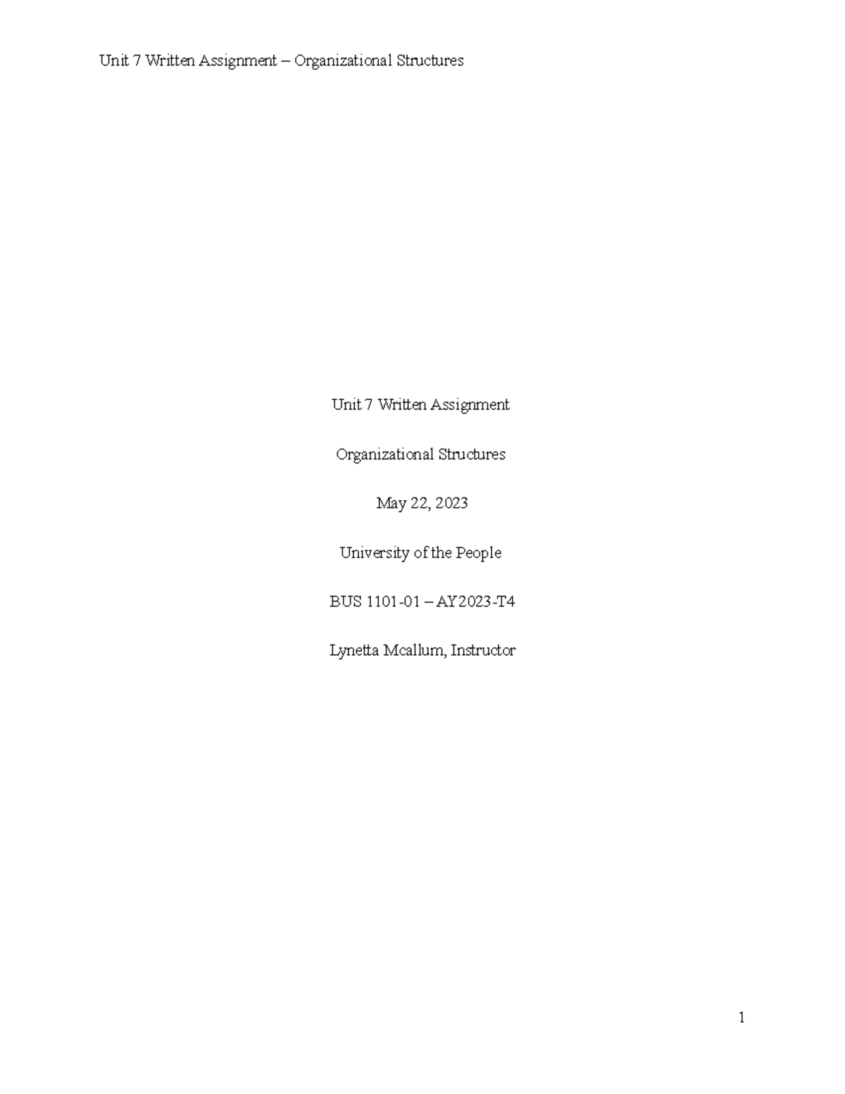 Unit 7 Written Assignment - Unit 7 Written Assignment Organizational ...