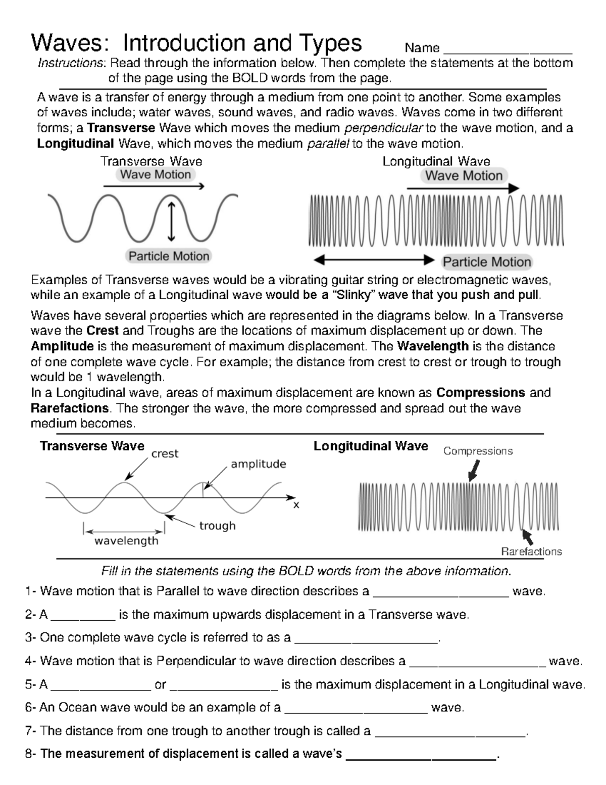 Wave Intro Handout SE - biggest help - Waves: Introduction and Types A wave is a transfer of ...