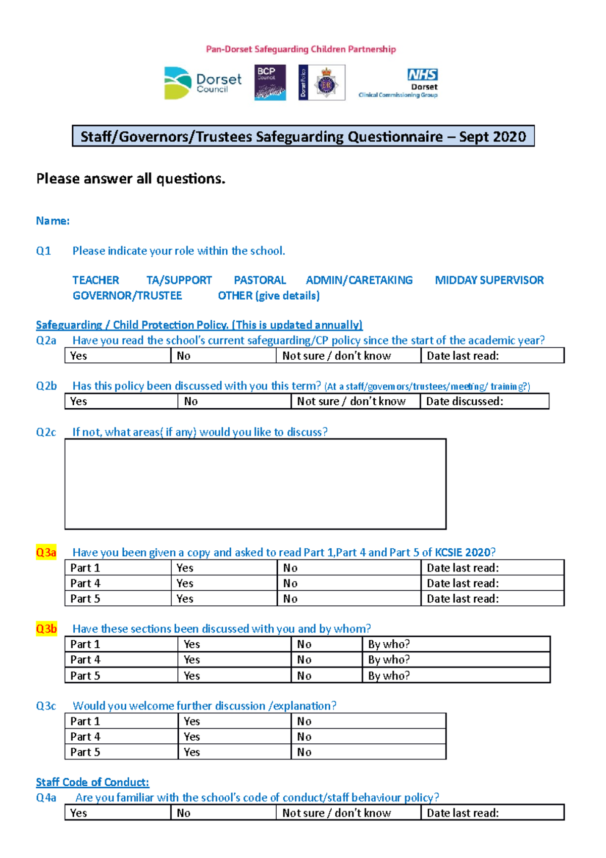 School Staff Safeguarding Questionnaire Sept 2020 - Please answer all ...
