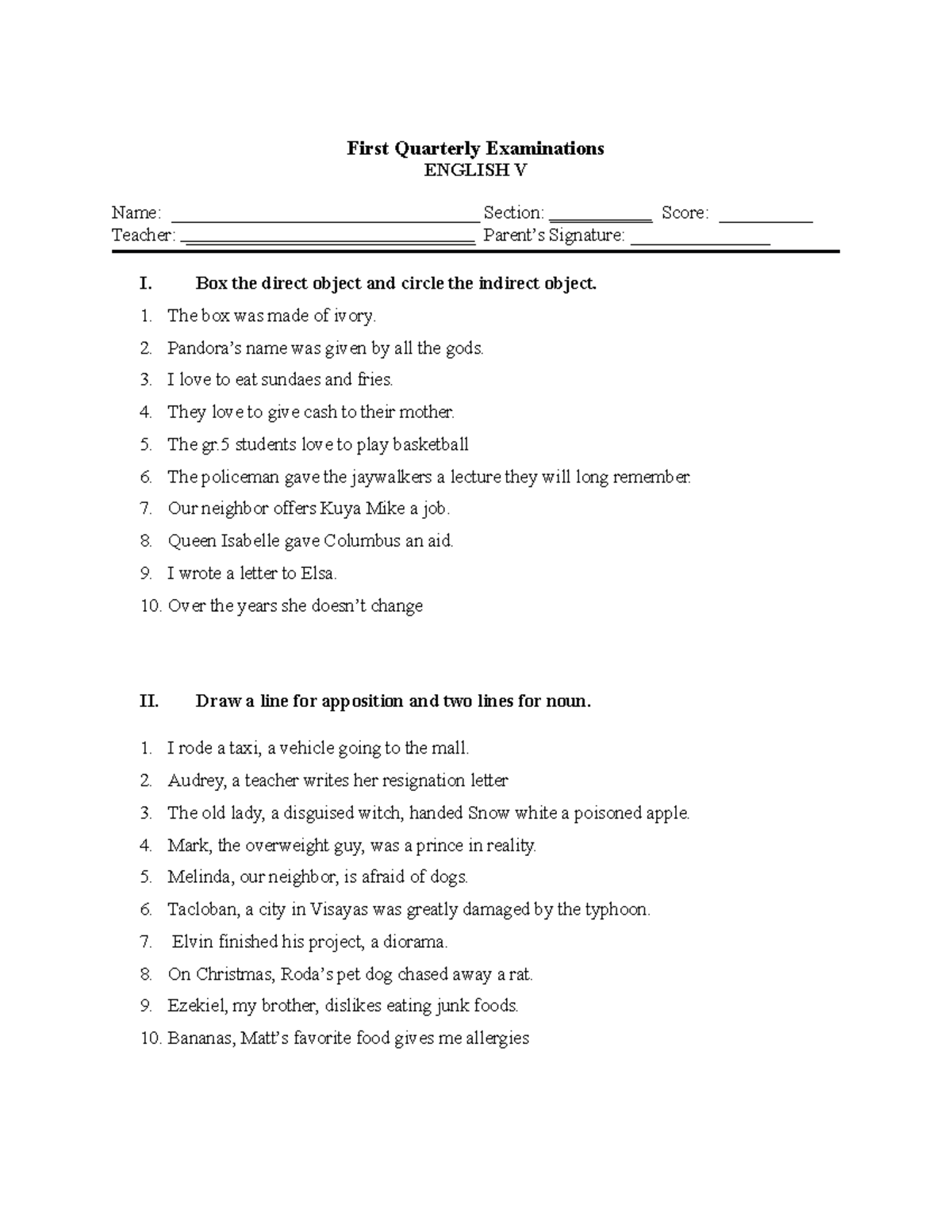 1st Quarterly Exam in English V - First Quarterly Examinations ENGLISH ...