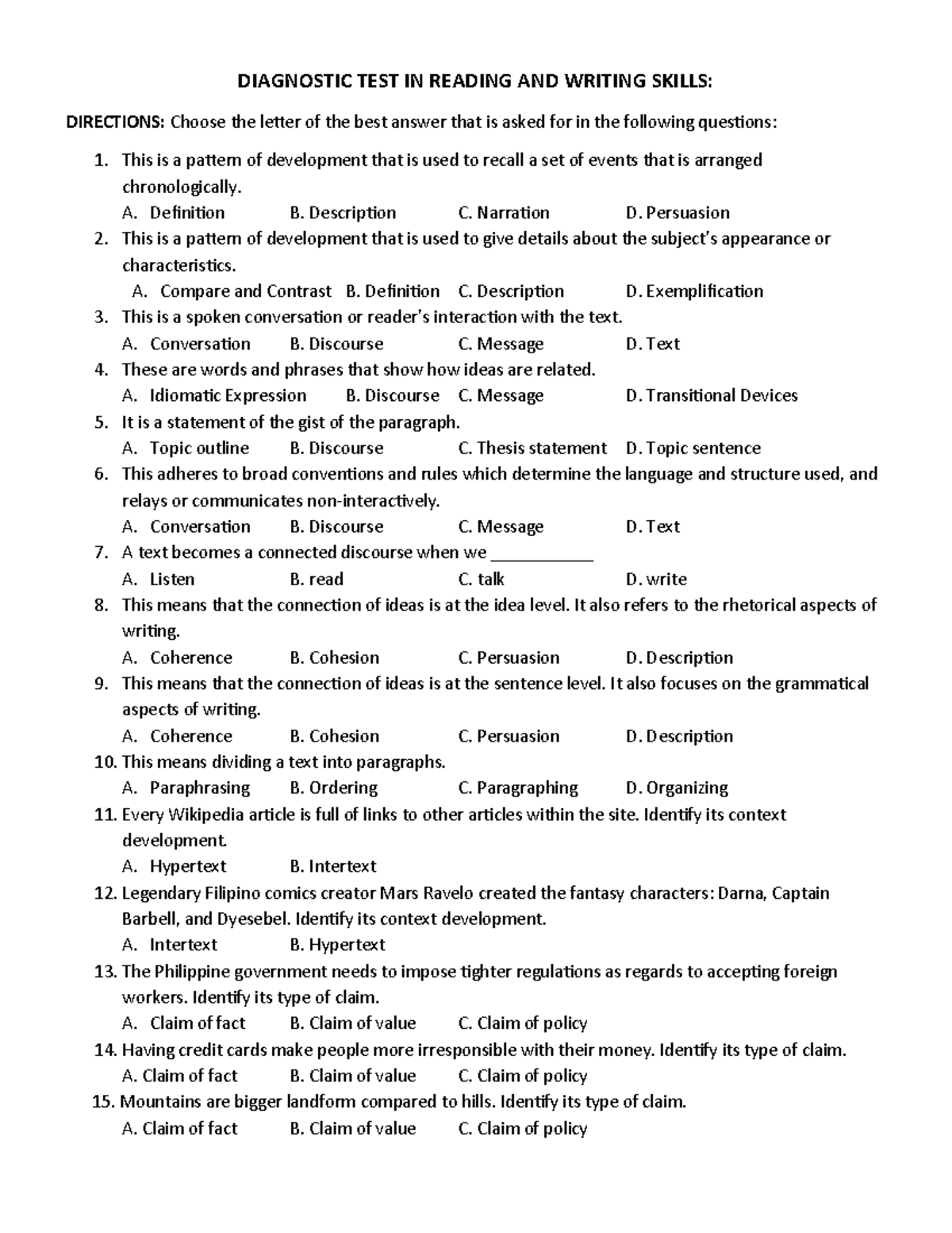 RW - Diagnostic - DIAGNOSTIC TEST IN READING AND WRITING SKILLS ...