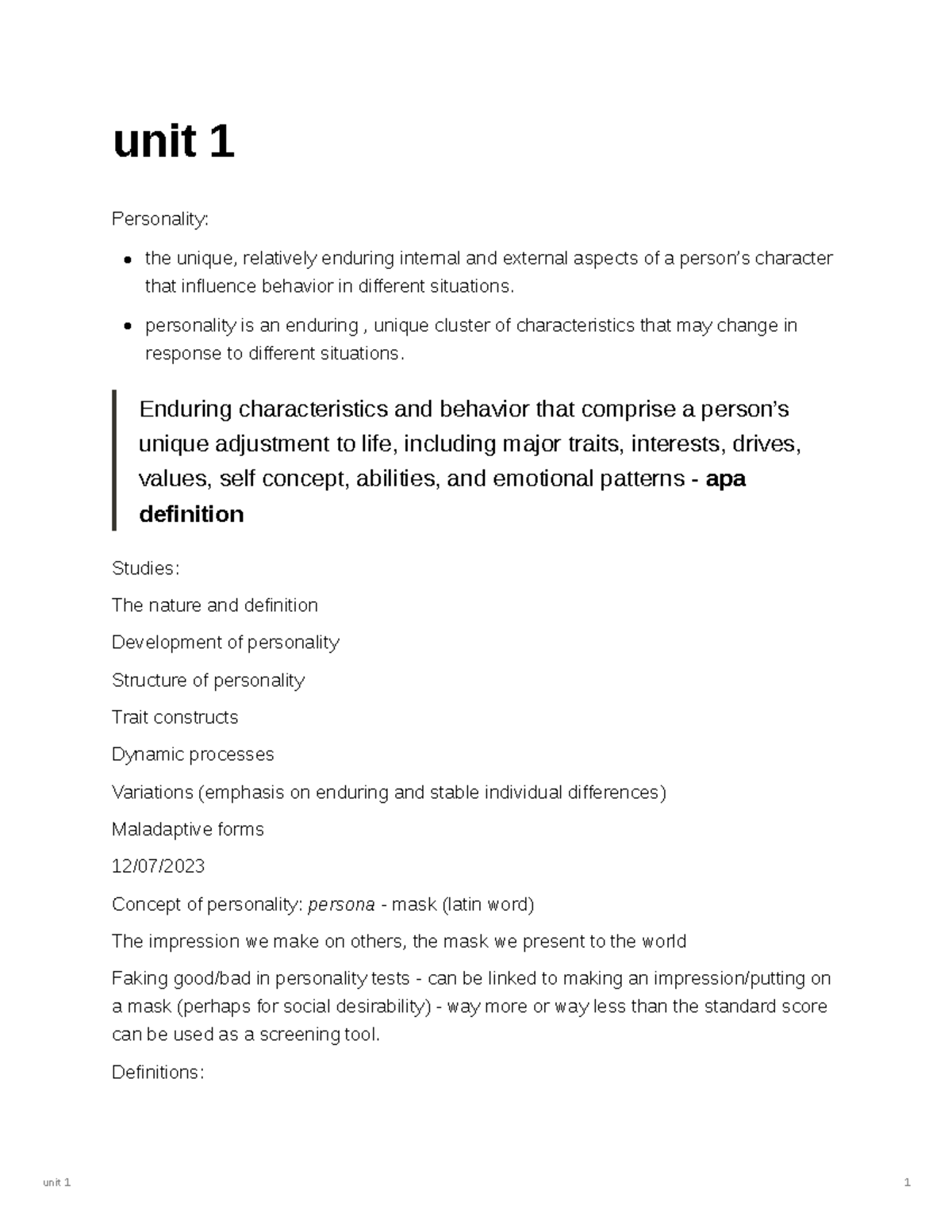 Unit 1 top - sorta good for mid sems portions - unit 1 Personality: the ...