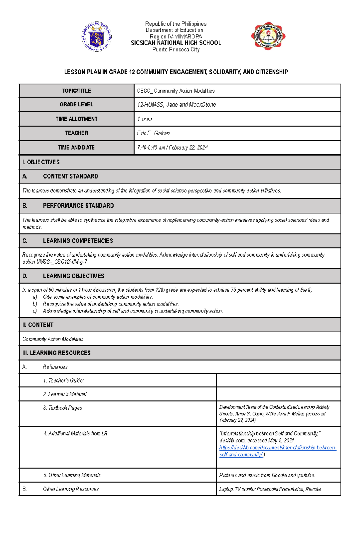 CESC Week-5 - Lesson Plan Draft - Department of Education Region IV ...